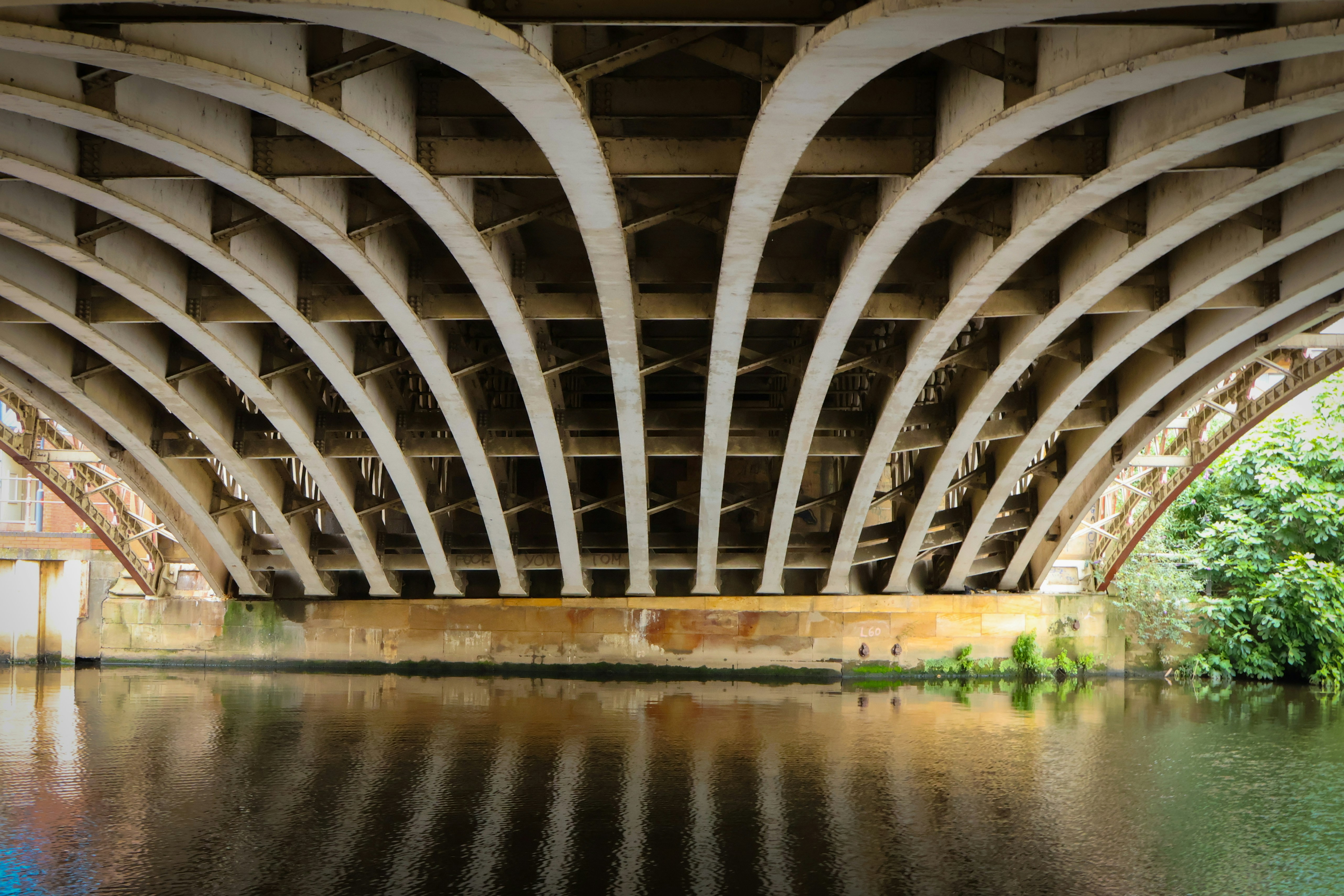 Echoes Under the Arches: Quiet River Reflections Beneath a Ribbed Concrete Bridge