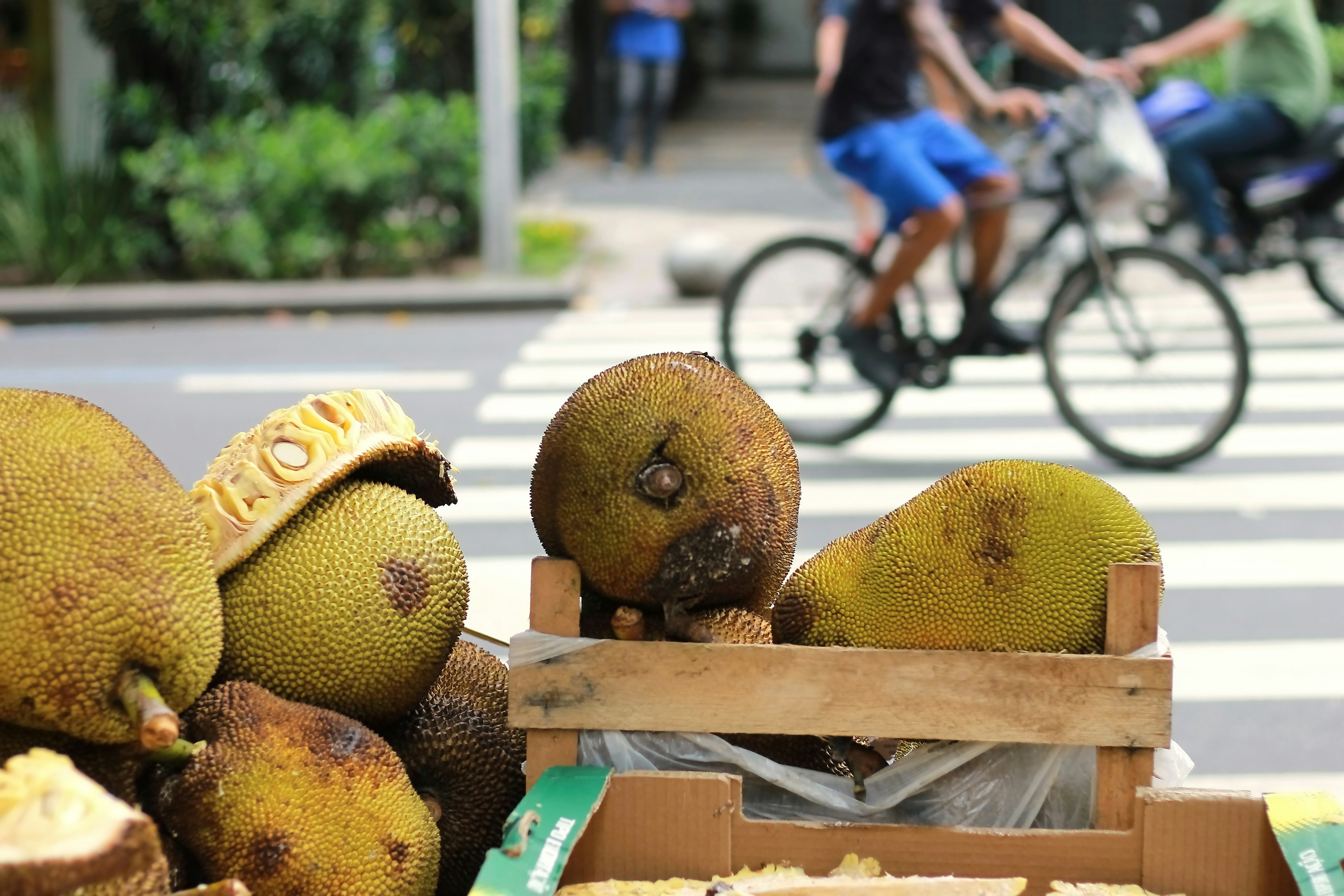 Jackfruit displayed in a wooden crate with cyclists passing by in the background.