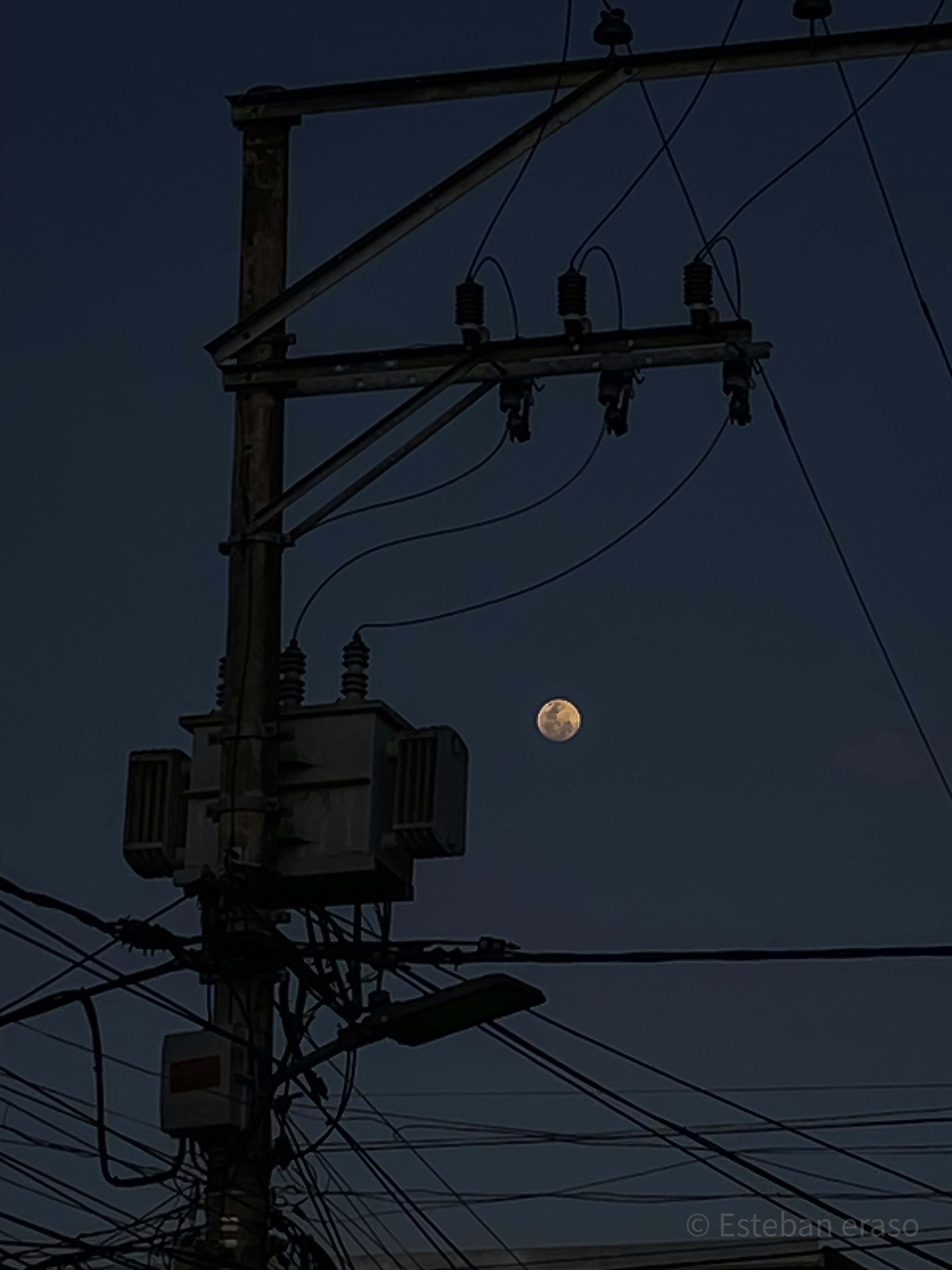 Moon Among the Wires: Twilight Grid Overhead
