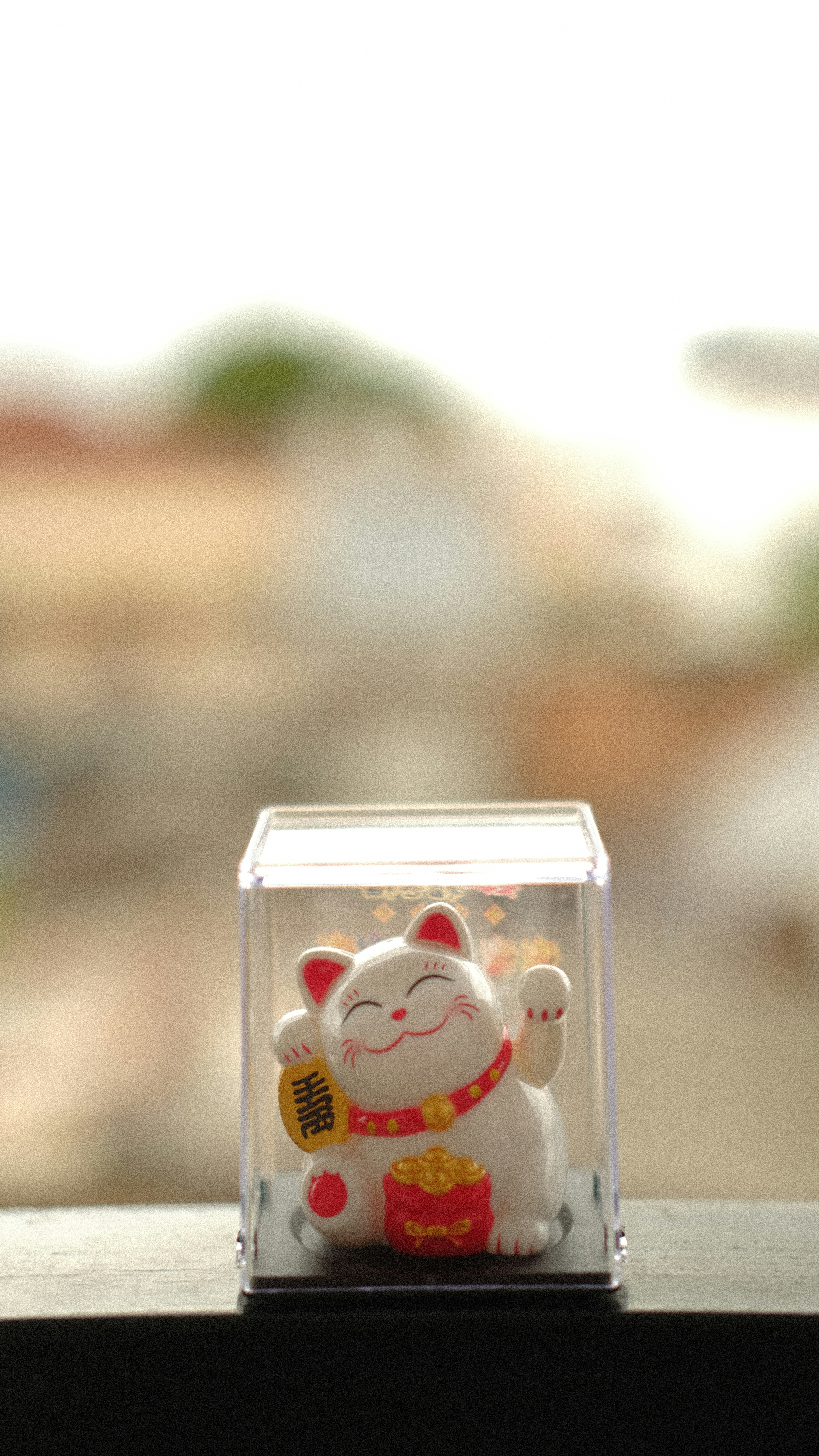 A white maneki-neko figurine inside a clear glass cube sits on a dark windowsill with a softly blurred background.