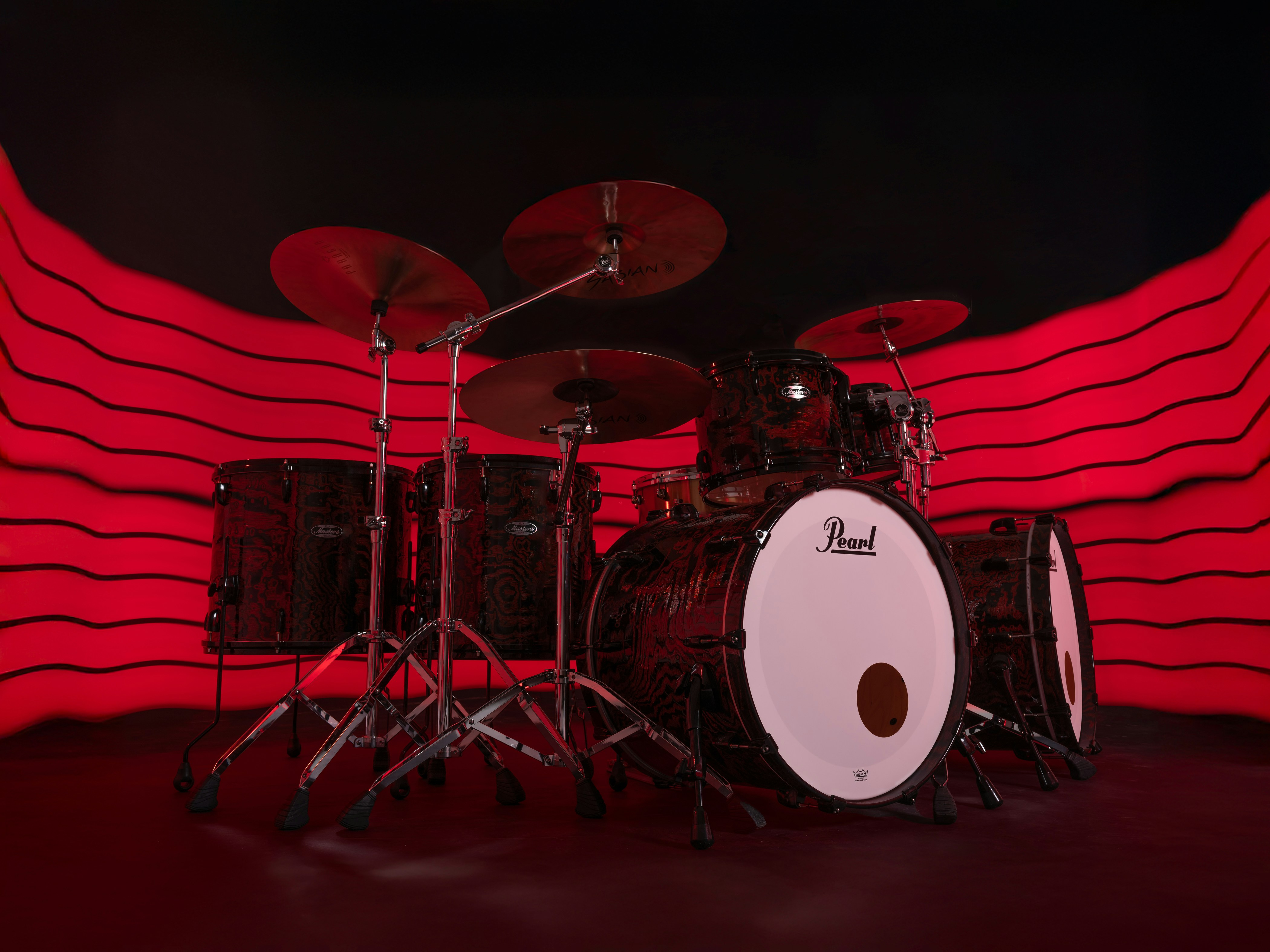 Red Rhythm: A Drum Kit Centered in Neon Waves