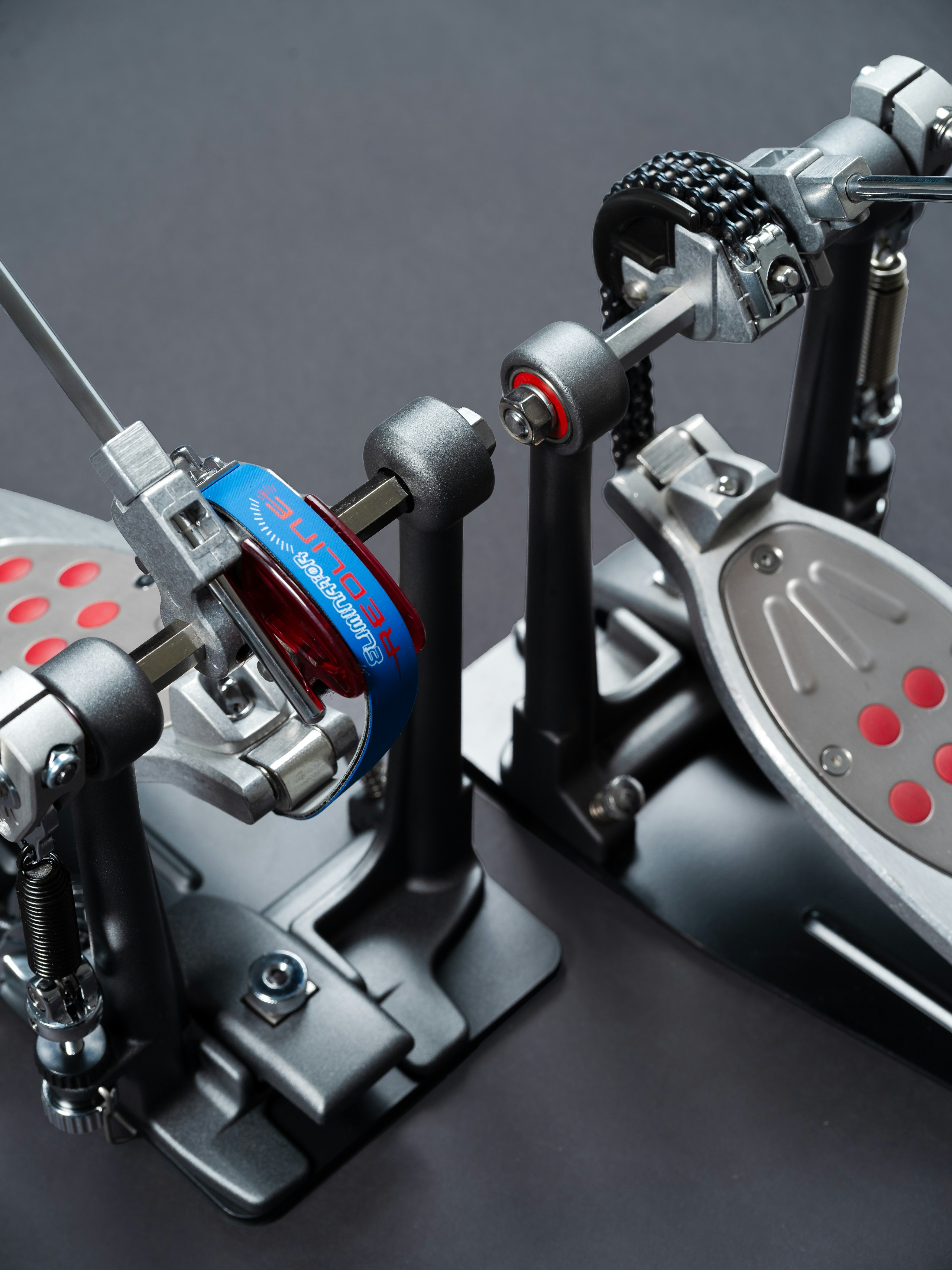 Blue Anodized Tension Wheel in a Precision Drum Pedal Assembly