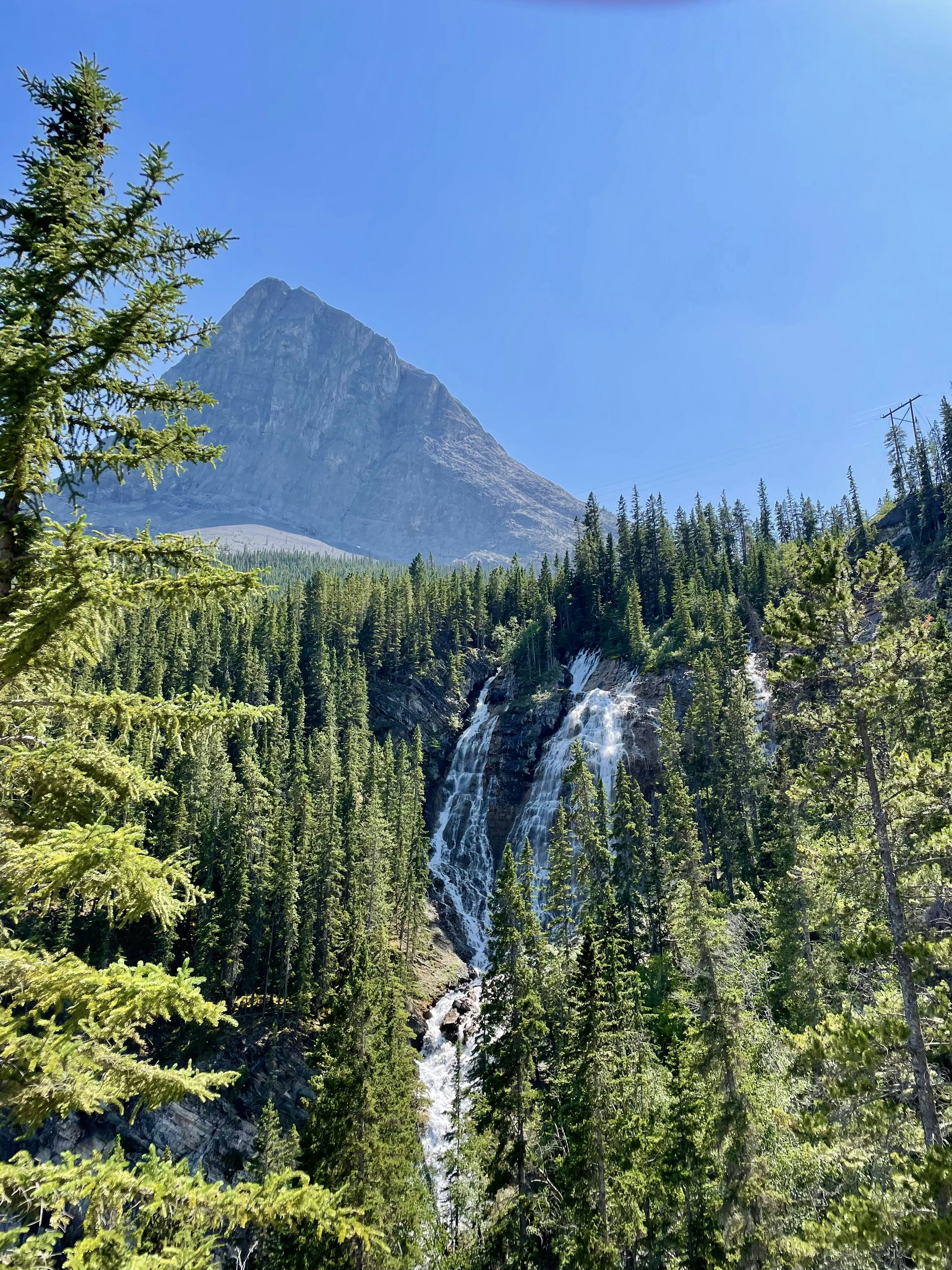 Cascade Beneath a Granite Peak, Framed by Alpine Pines