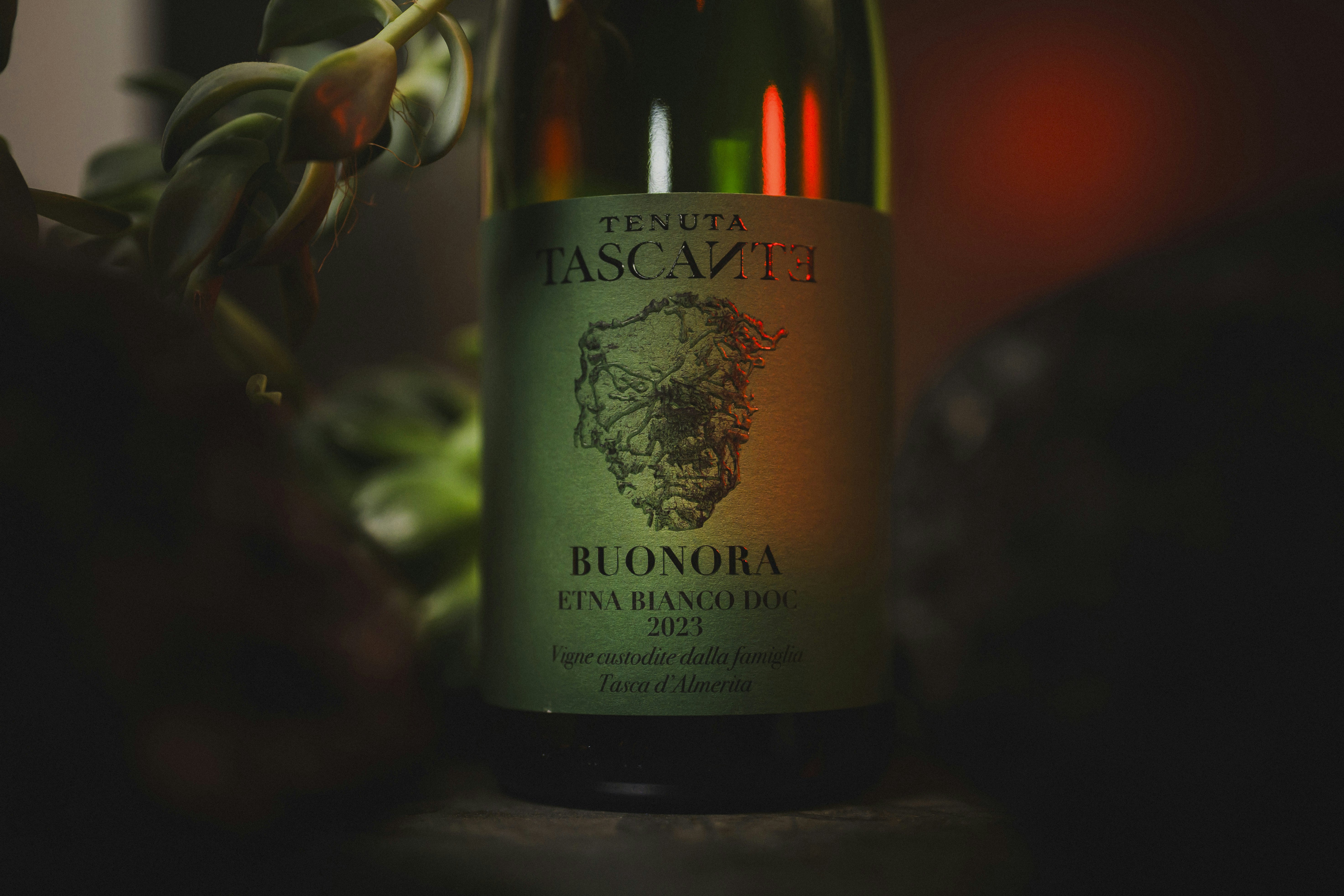 A bottle of Sicilian wine from the slopes of Etna volcano.