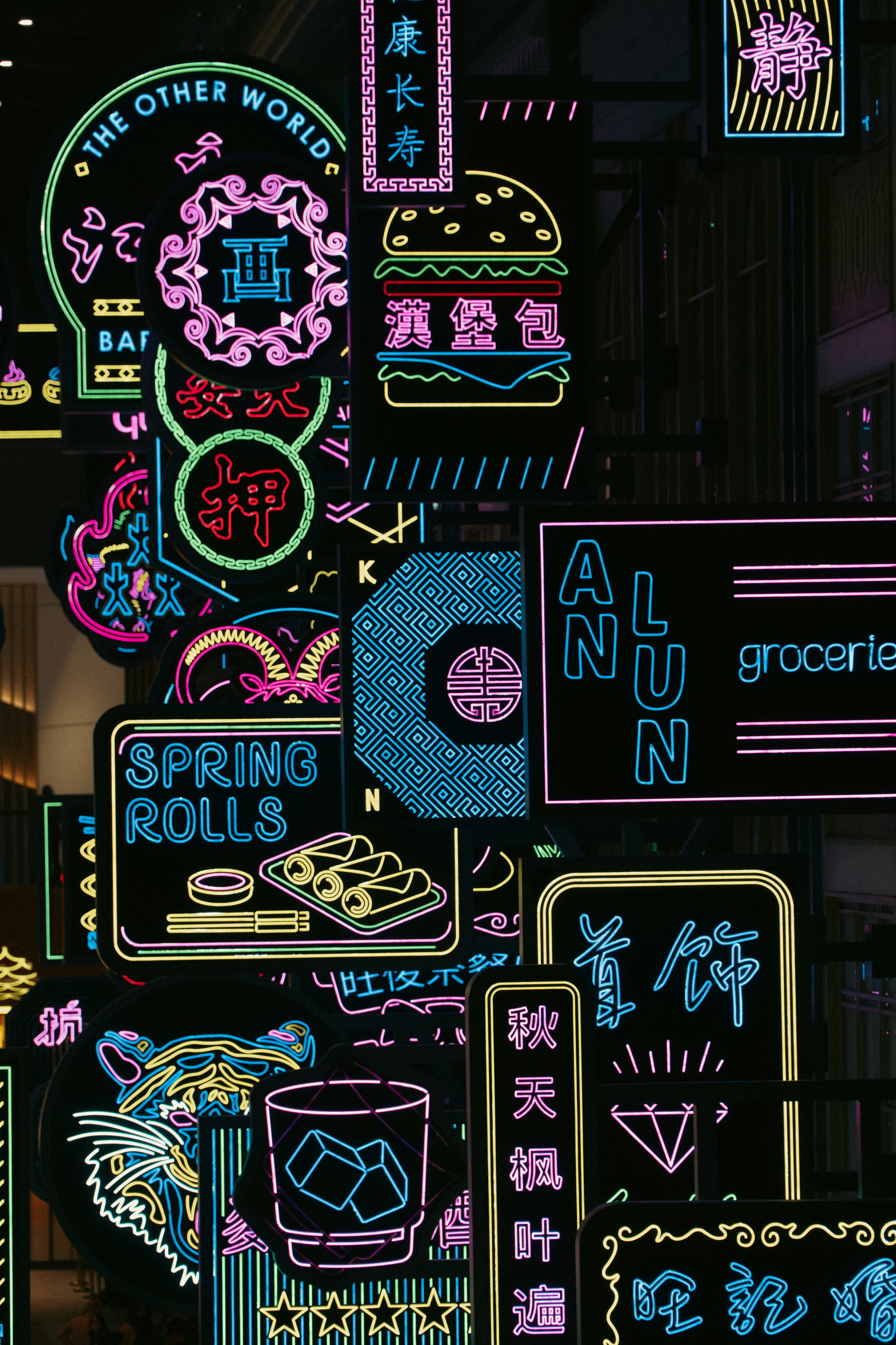 Neon Menu Mirage: A Night Street Flooded with Food Signs