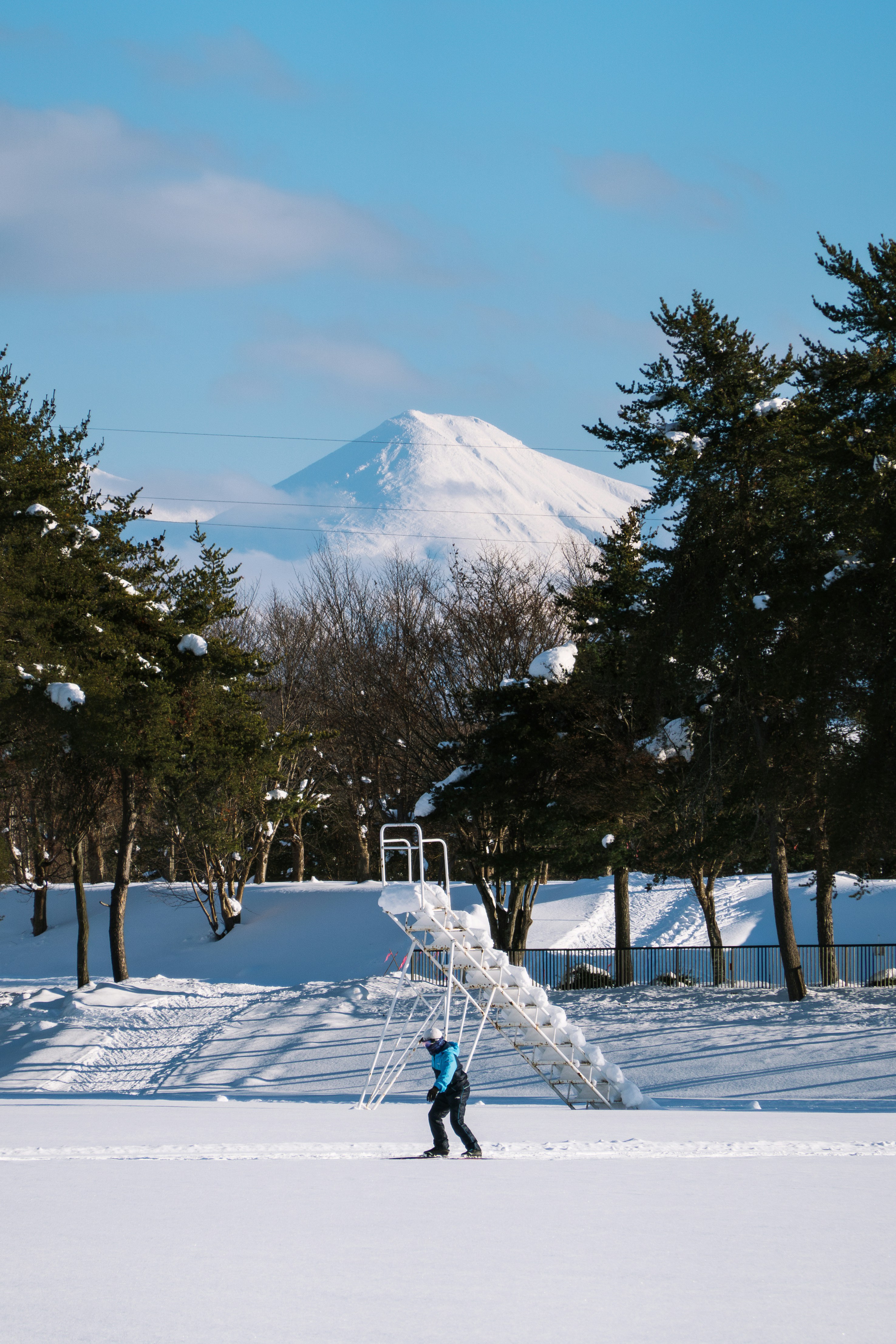 Blue-clad Wanderer at the Stairway to a Distant Snow Peak