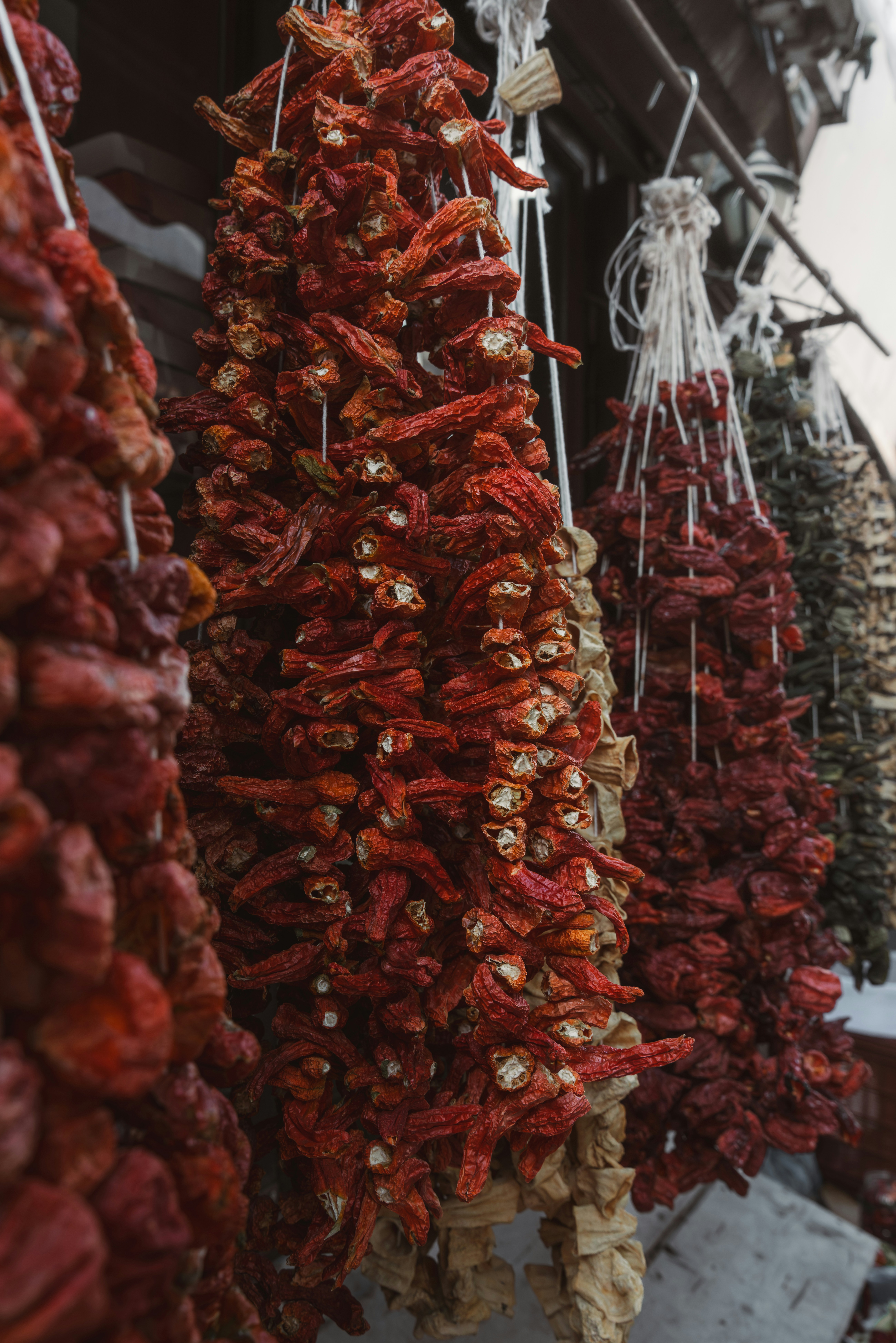 Crimson Threads: Dried Chiles Draped Along a Market Stall