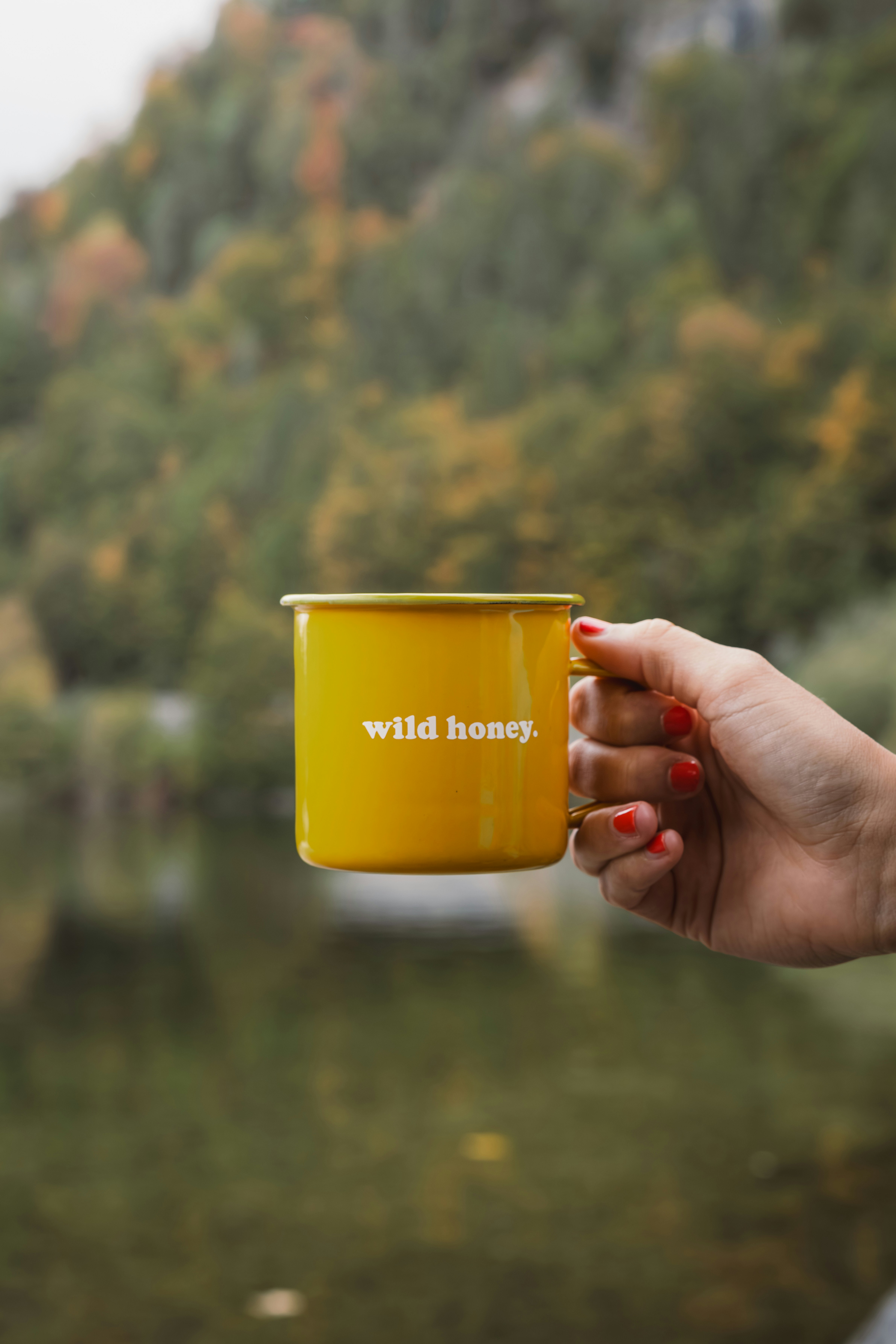 Wild Honey in Hand: A Golden Mug Framed by Autumn Backdrop