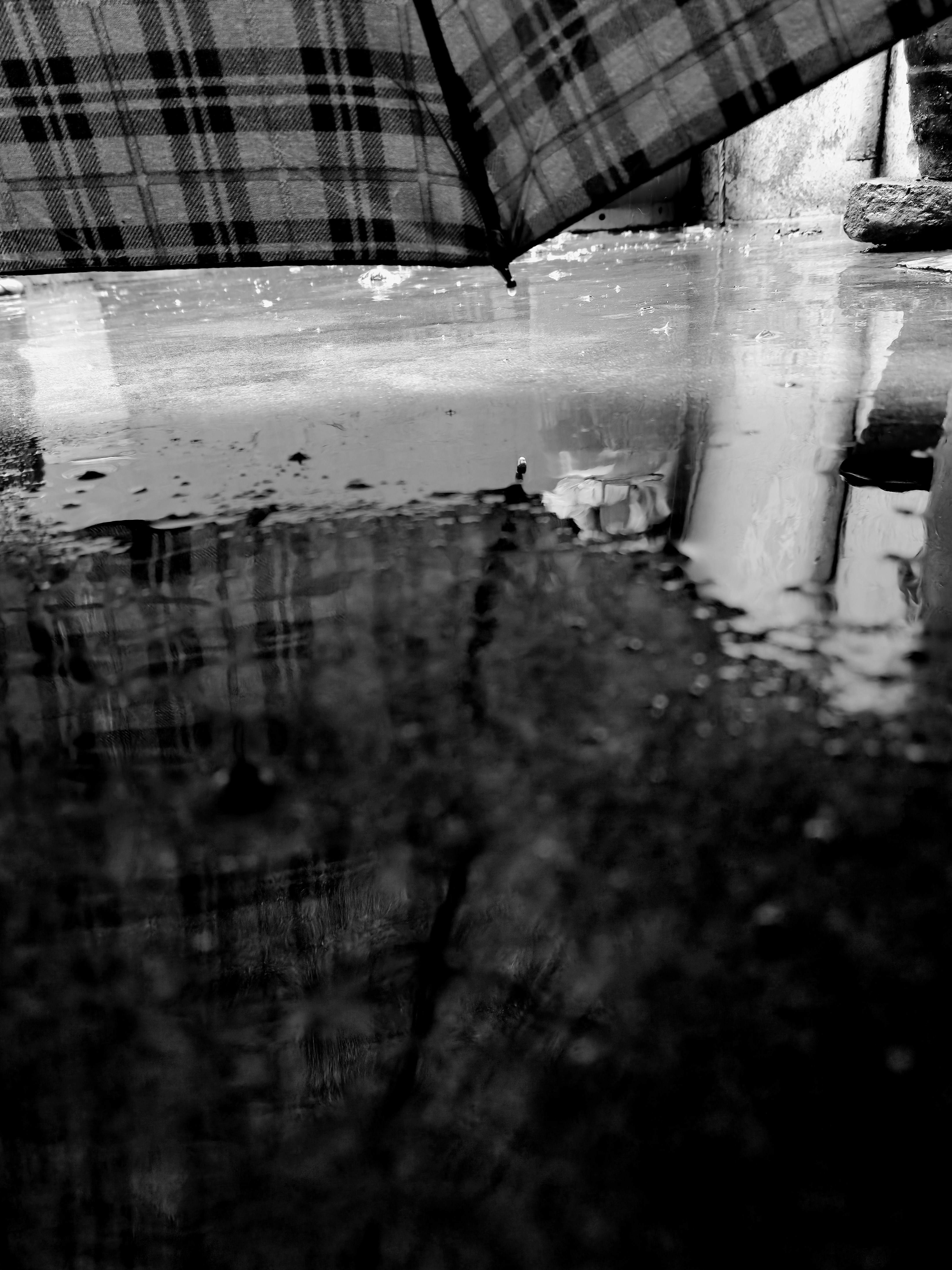 Under a Plaid Umbrella: Reflections Ripple in a Rain-Slick Street