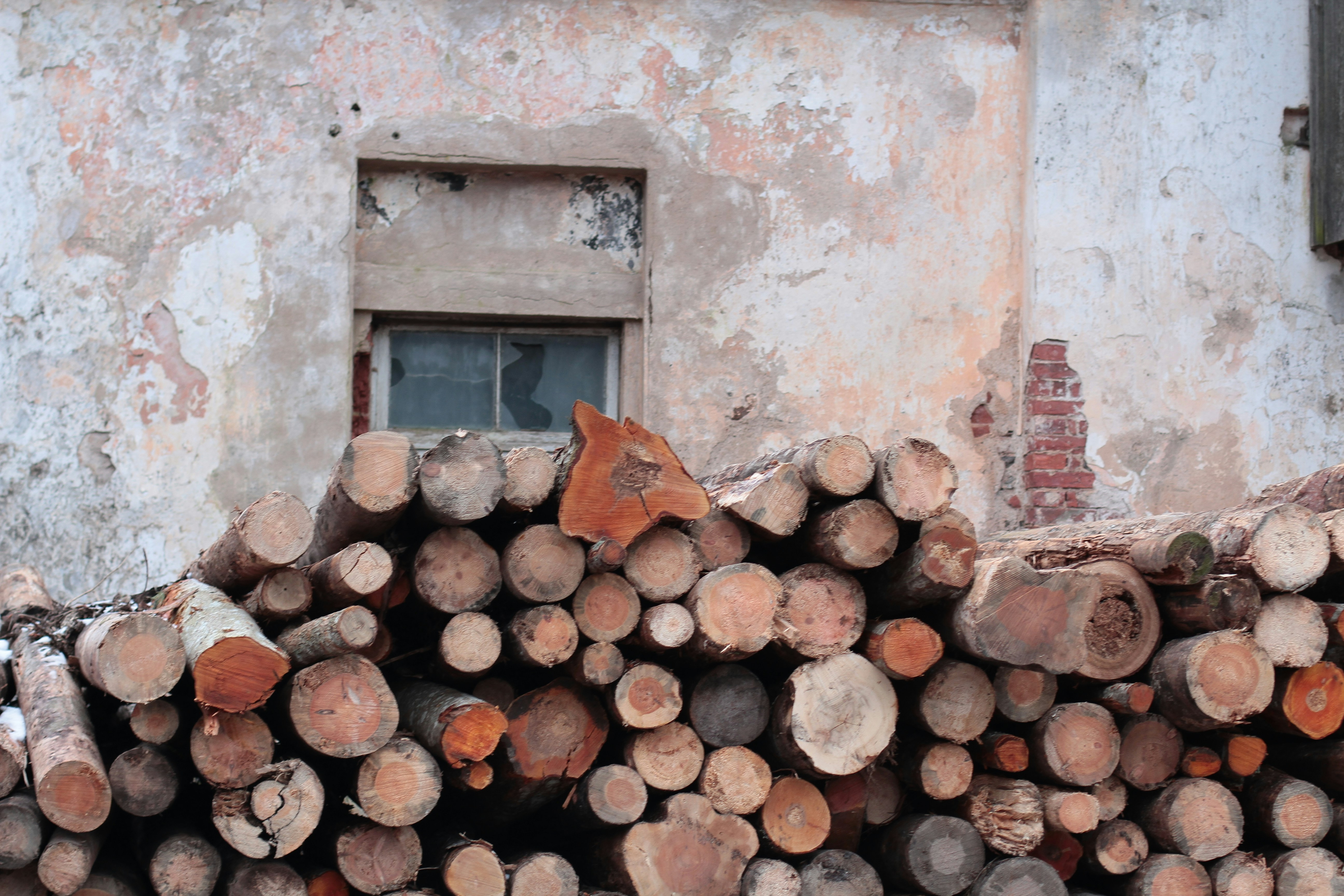 Cracked Facade Over Stacked Timber