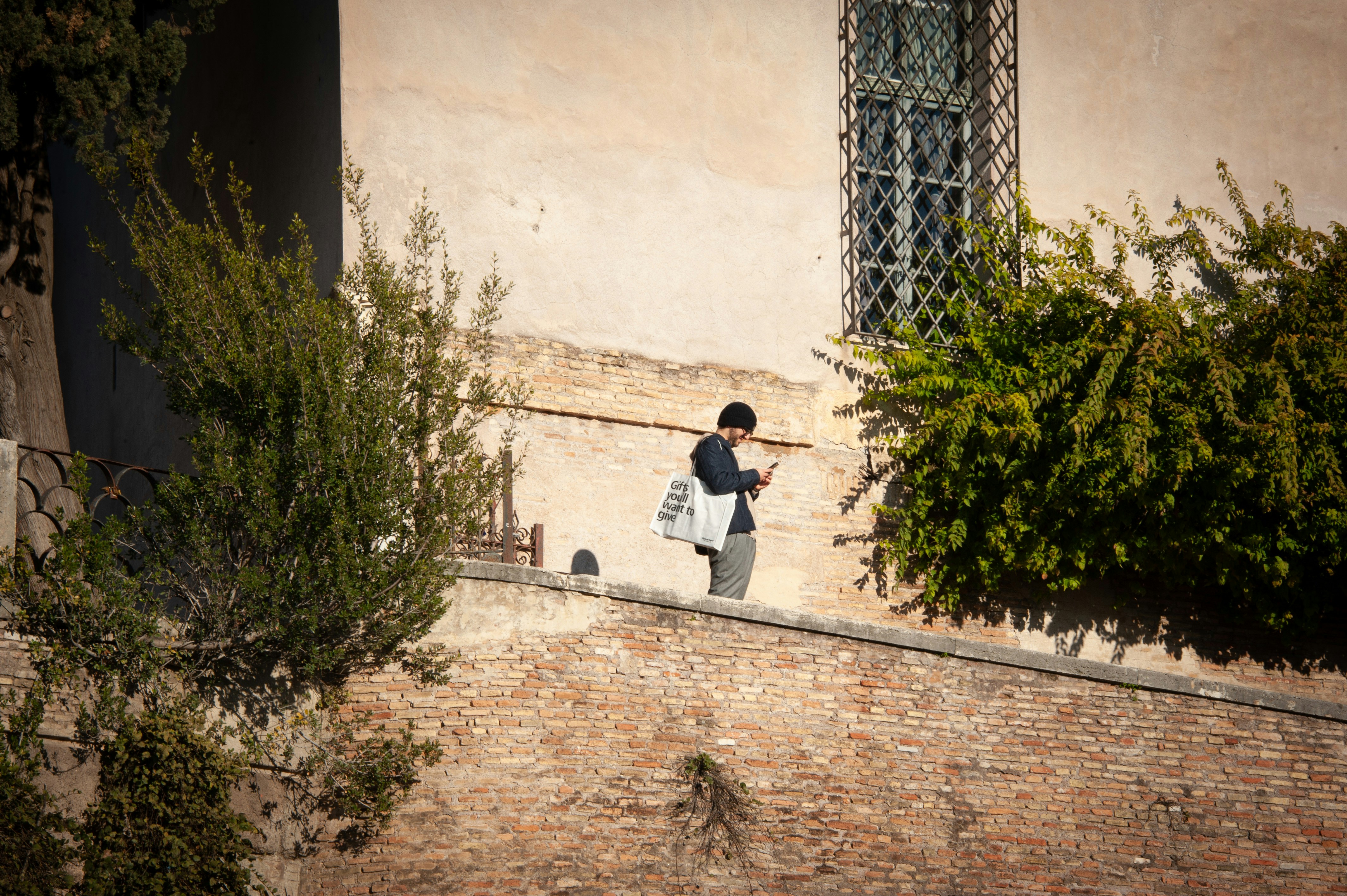 Digital Wanderer by the Sunlit Wall
