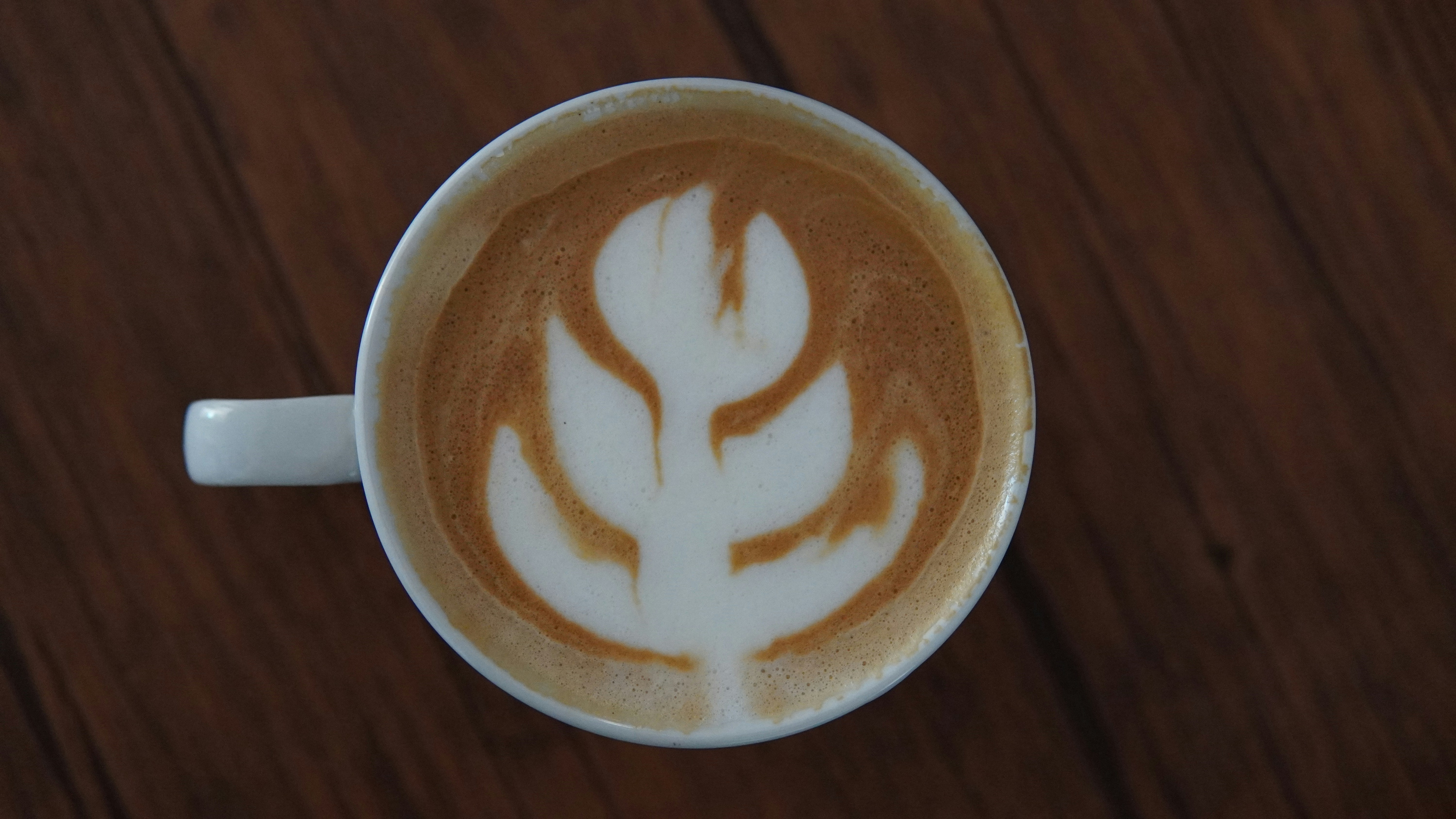 Rosette in a White Cup: Morning Latte on Walnut Wood