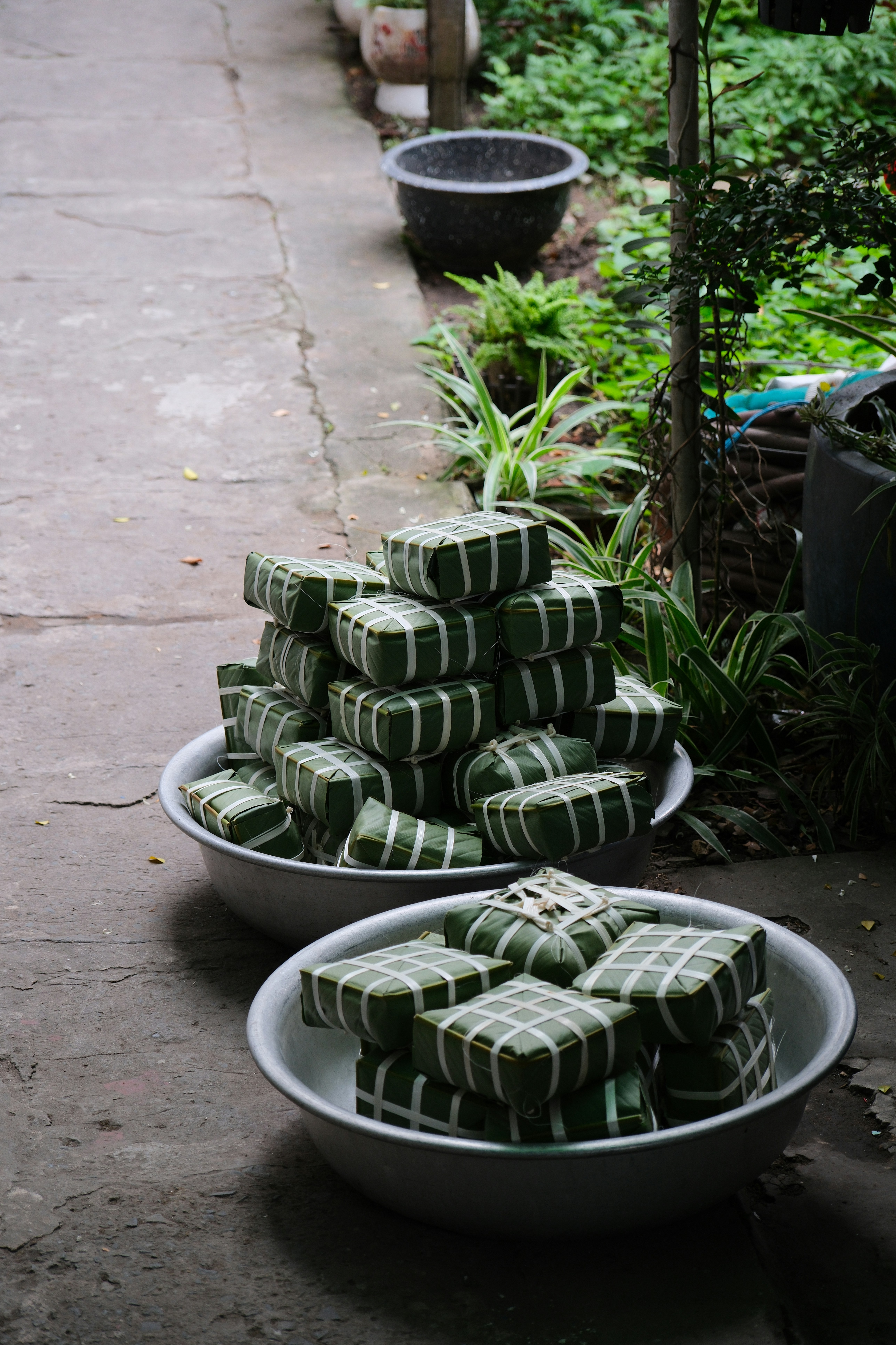 A photograph of stacked green-wrapped bundles arranged in metal bowls along a garden path.