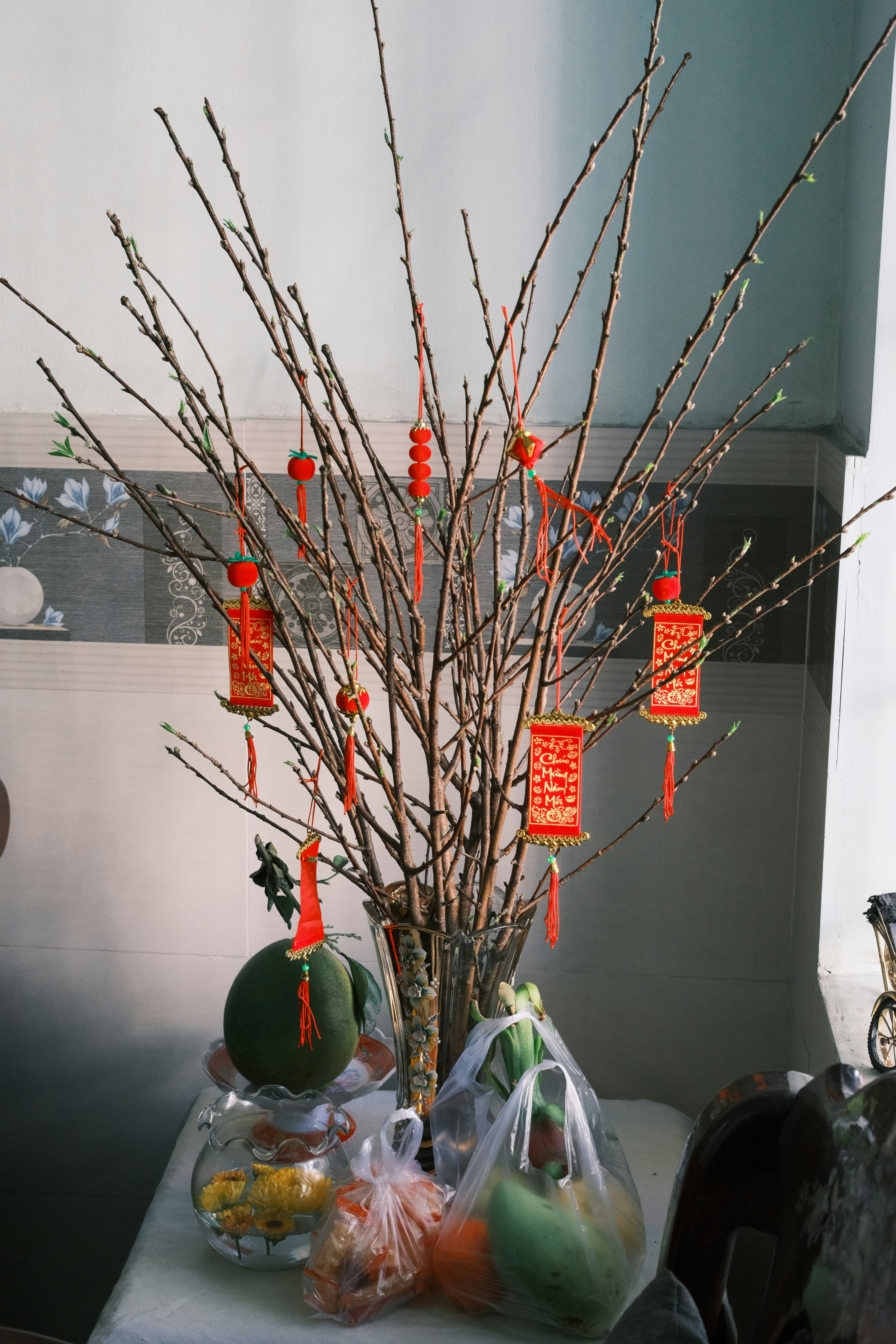 Red Lanterns on a Bare-Branch Tree: Lunar New Year Tabletop Portrait