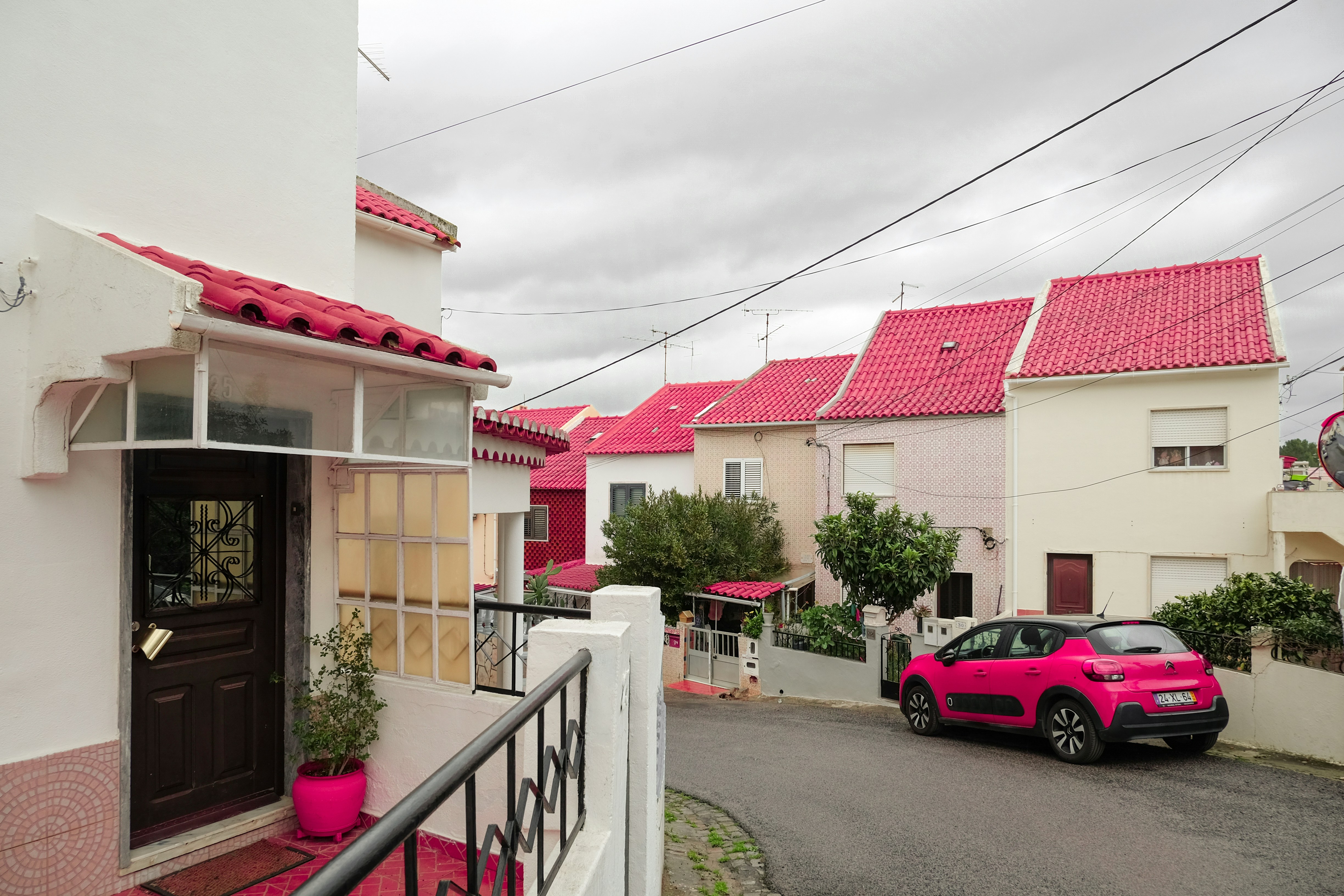 Vibrant red rooftops contrast with overcast clouds in a quiet residential street featuring a magenta car.
