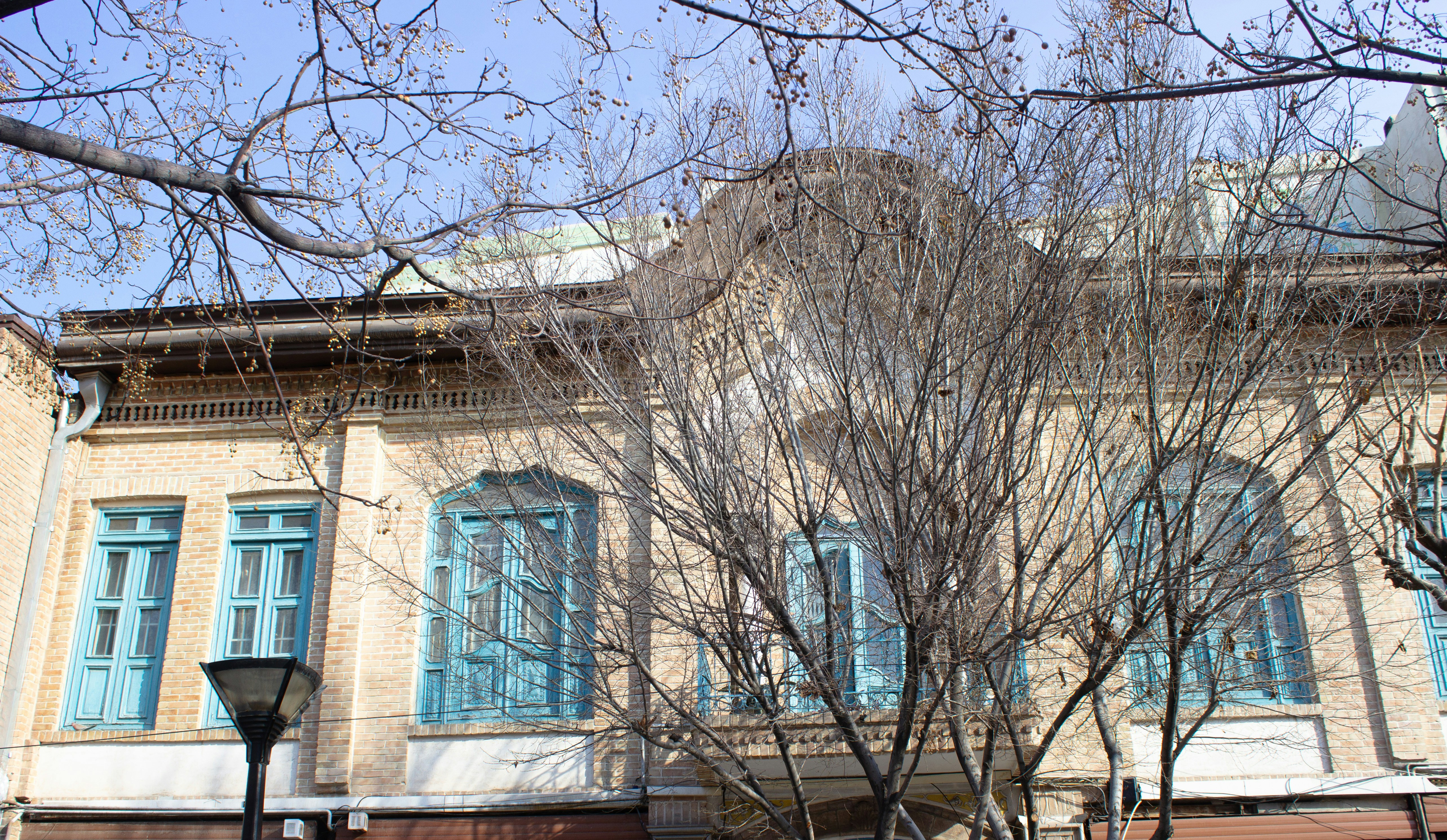 Historic building facade with turquoise window frames contrasting against beige bricks, framed by bare winter branches.