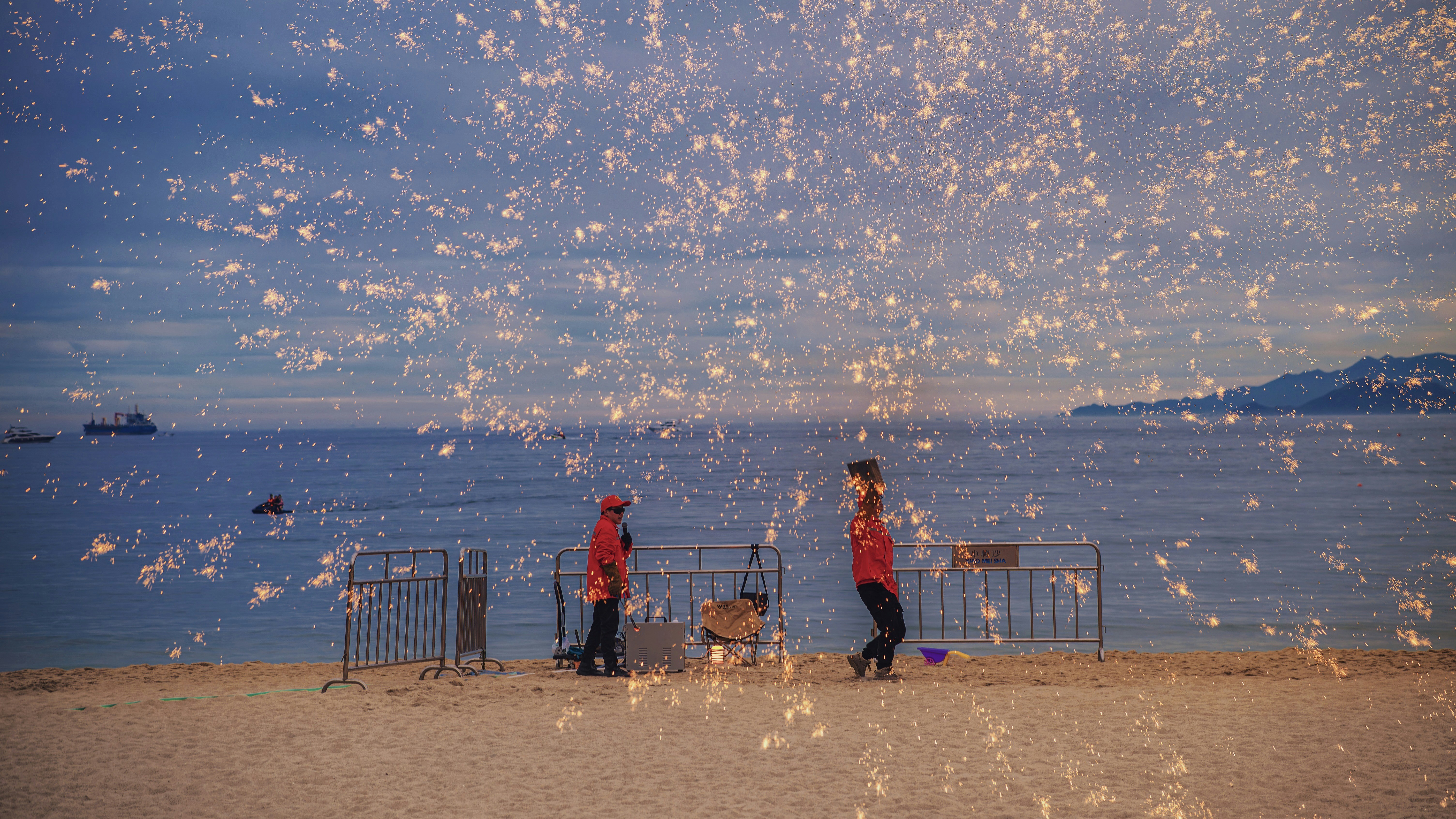 Twilight Pyrotechnic Dance by the Sea