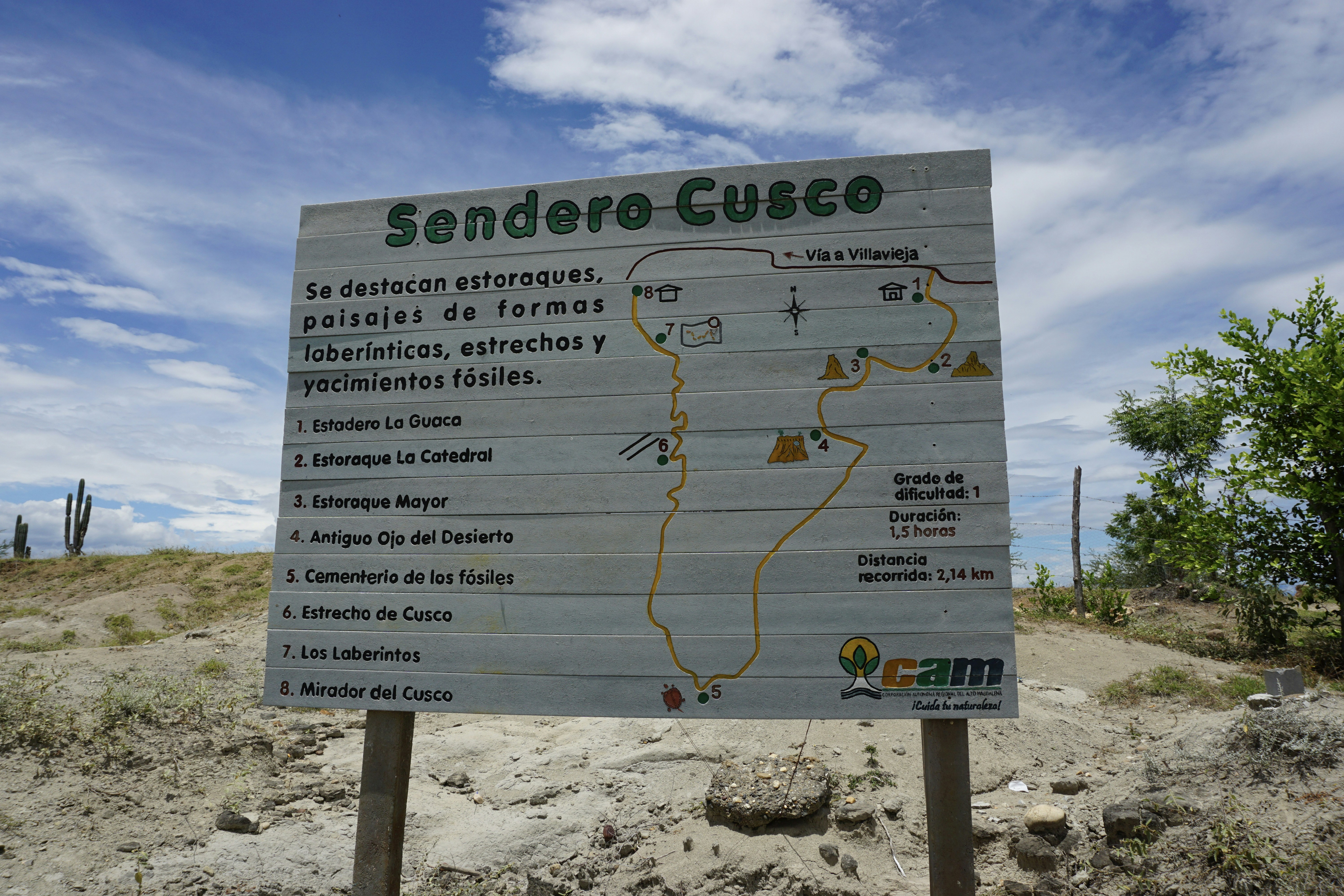 Wooden trail sign displaying the route and landmarks of Sendero Cusco against a blue sky.