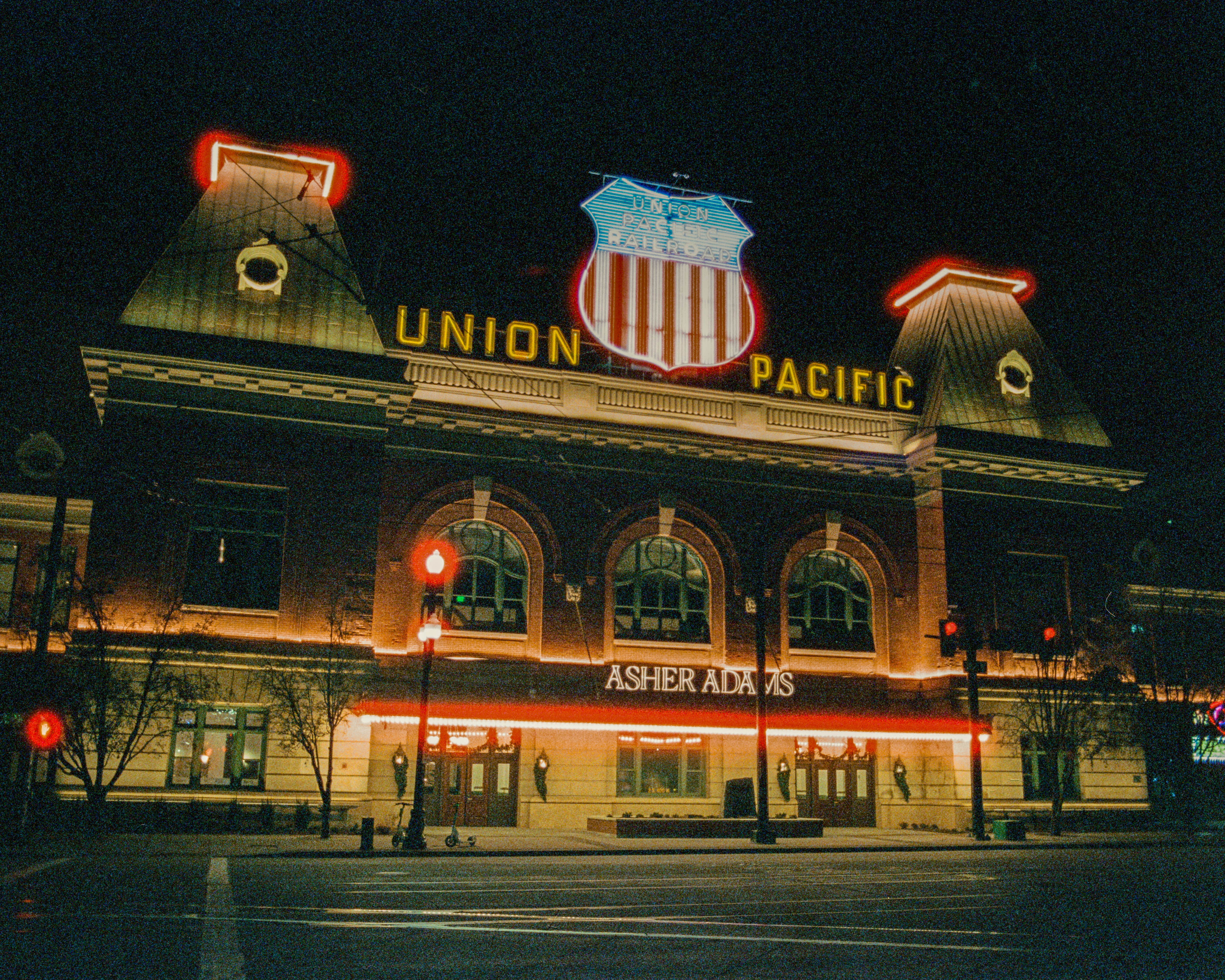 The union pacific building is lit up at night photo – Free Building ...