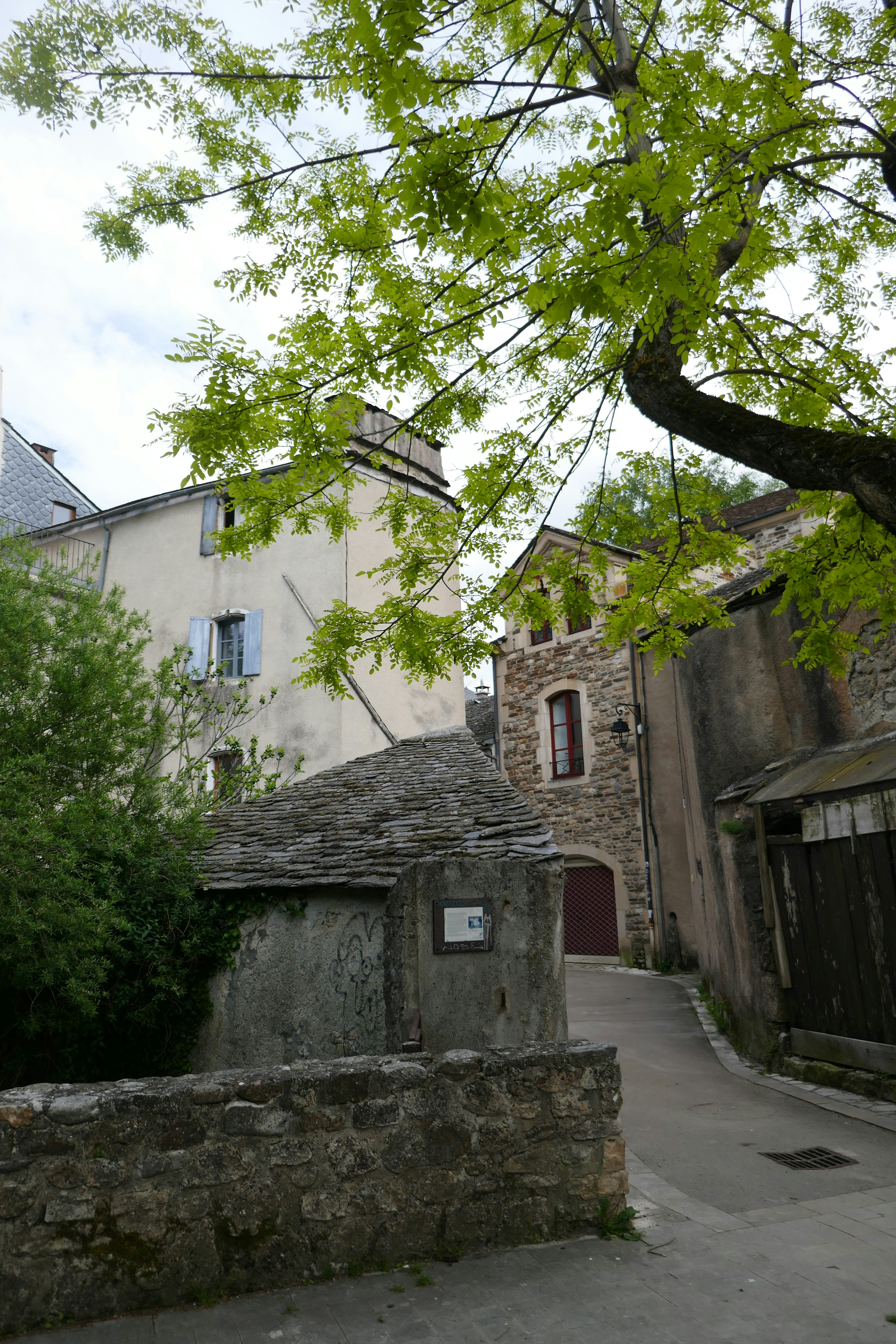 Narrow path winds between mossy stone walls and weathered buildings as lush green branches arch overhead, framing a tranquil village scene.