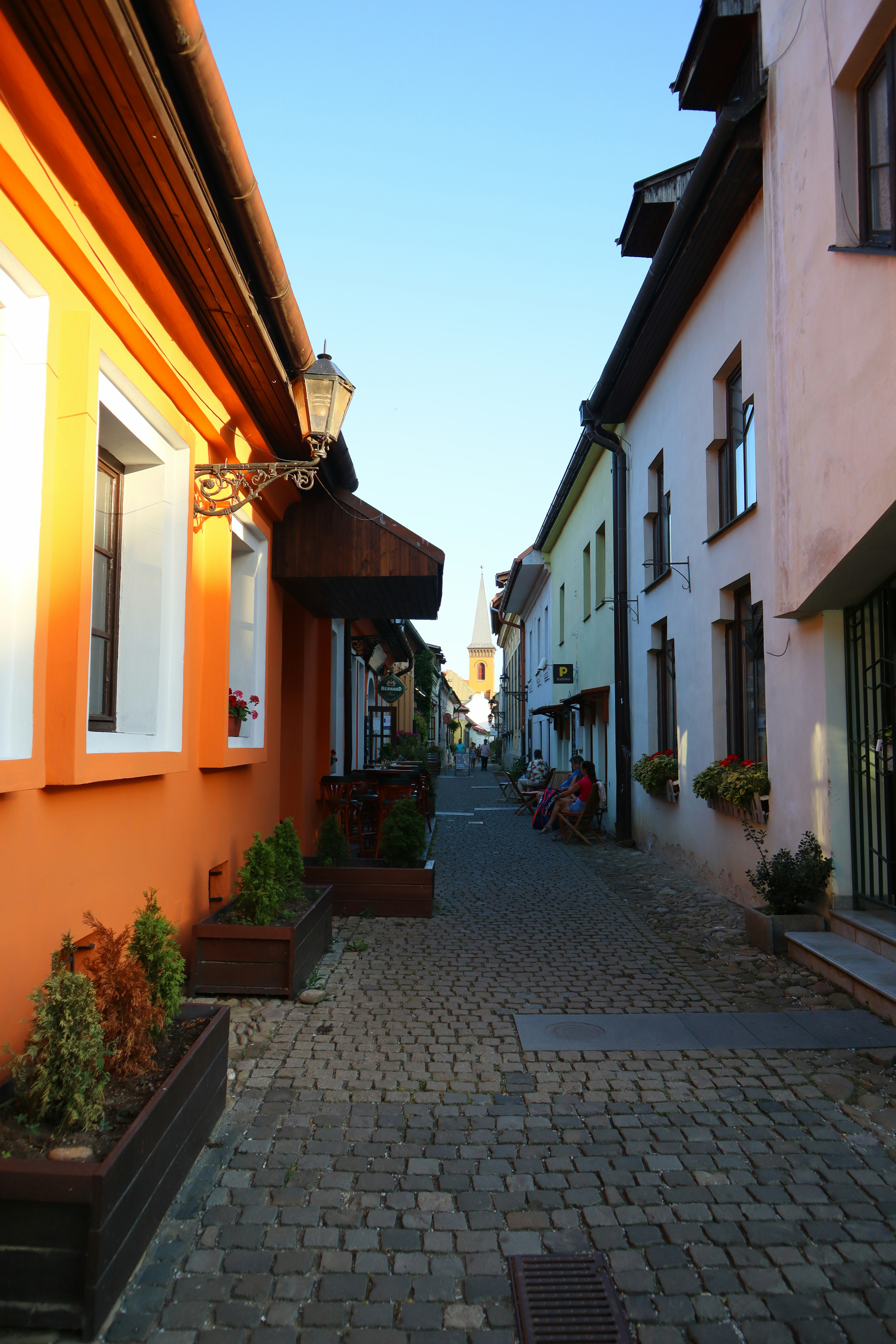 Cobblestone street flanked by colorful buildings and potted plants under a clear blue sky.