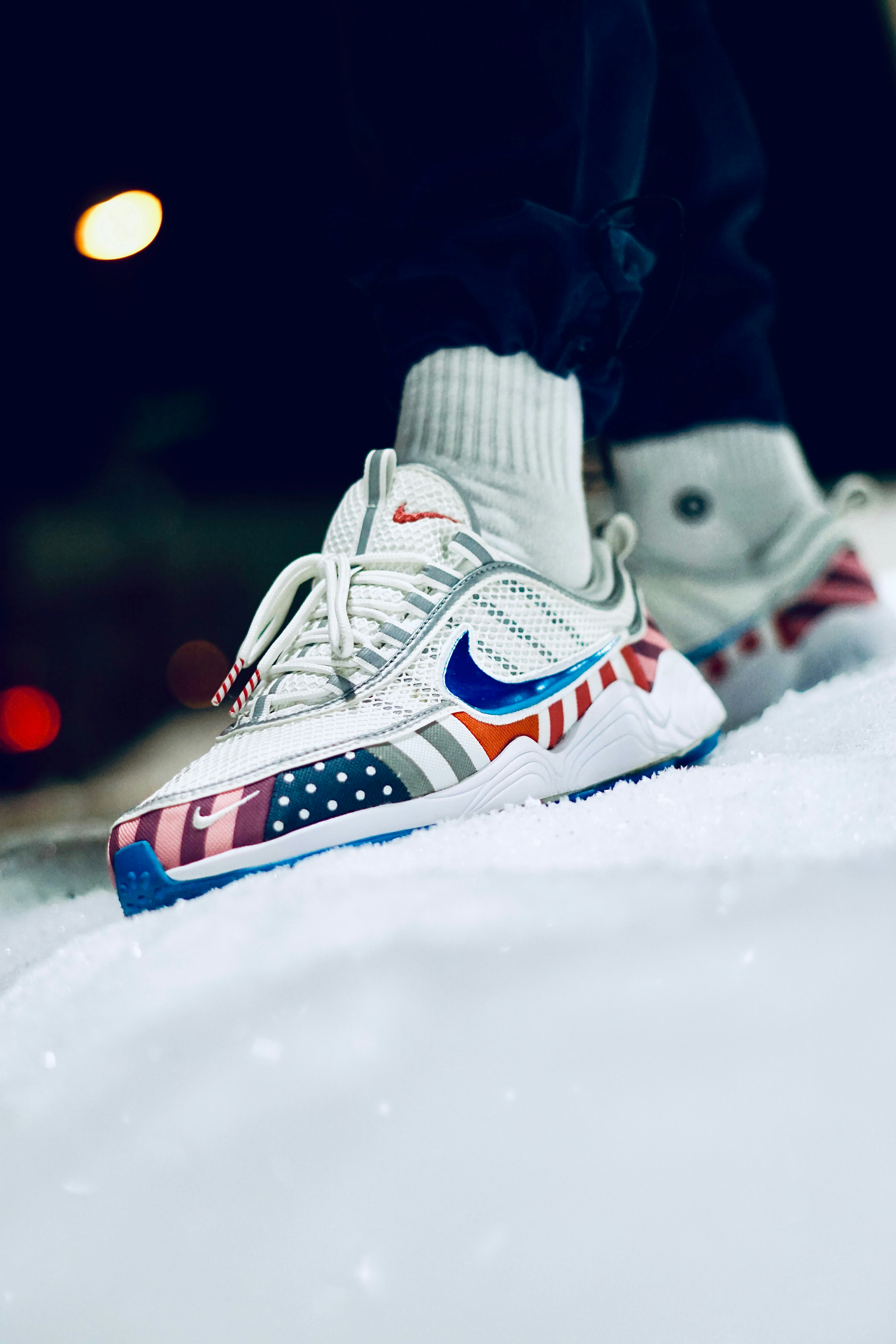 Patriotic Patchwork Sneaker in Snow Under Night Lights