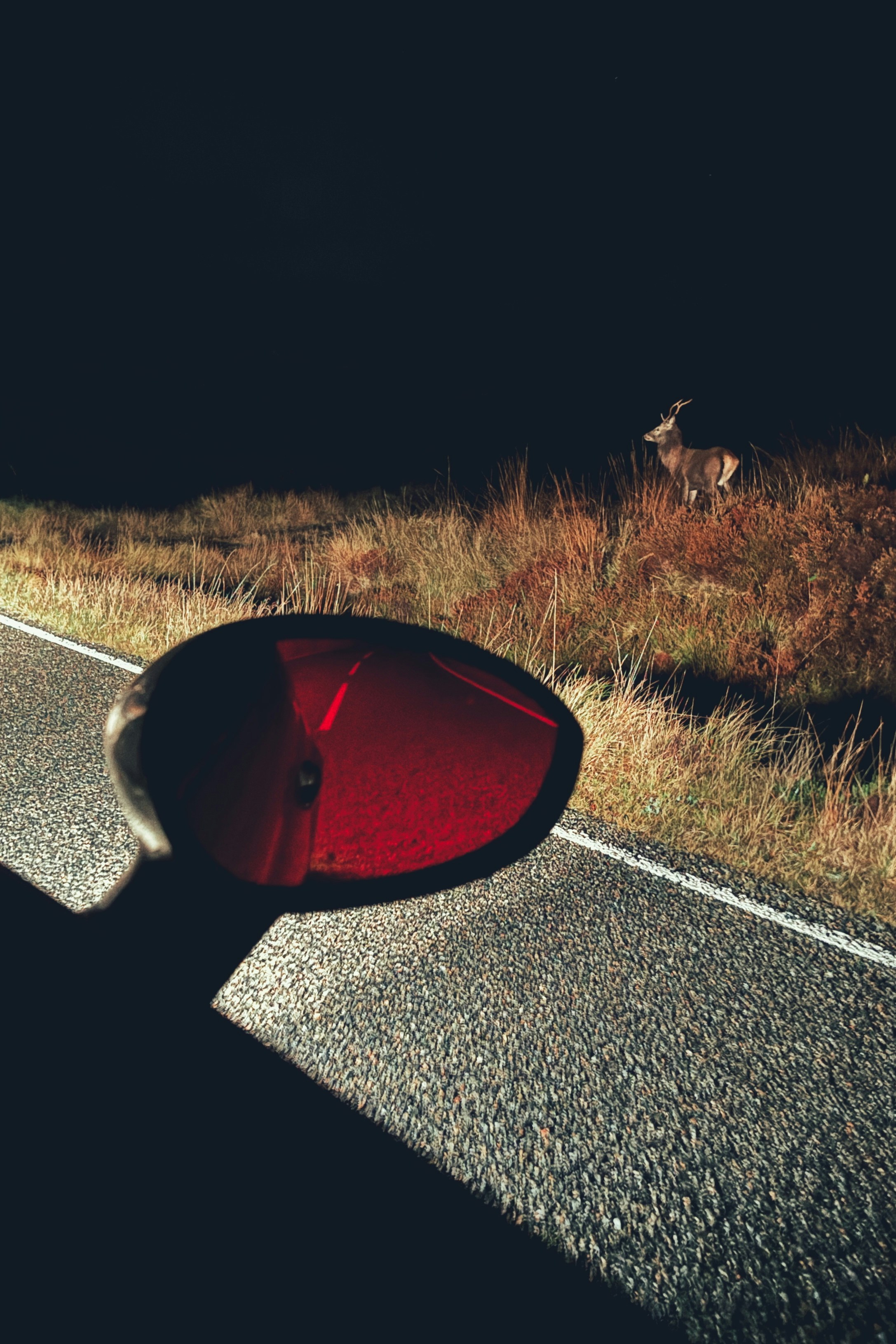 A rear view mirror on the side of a road