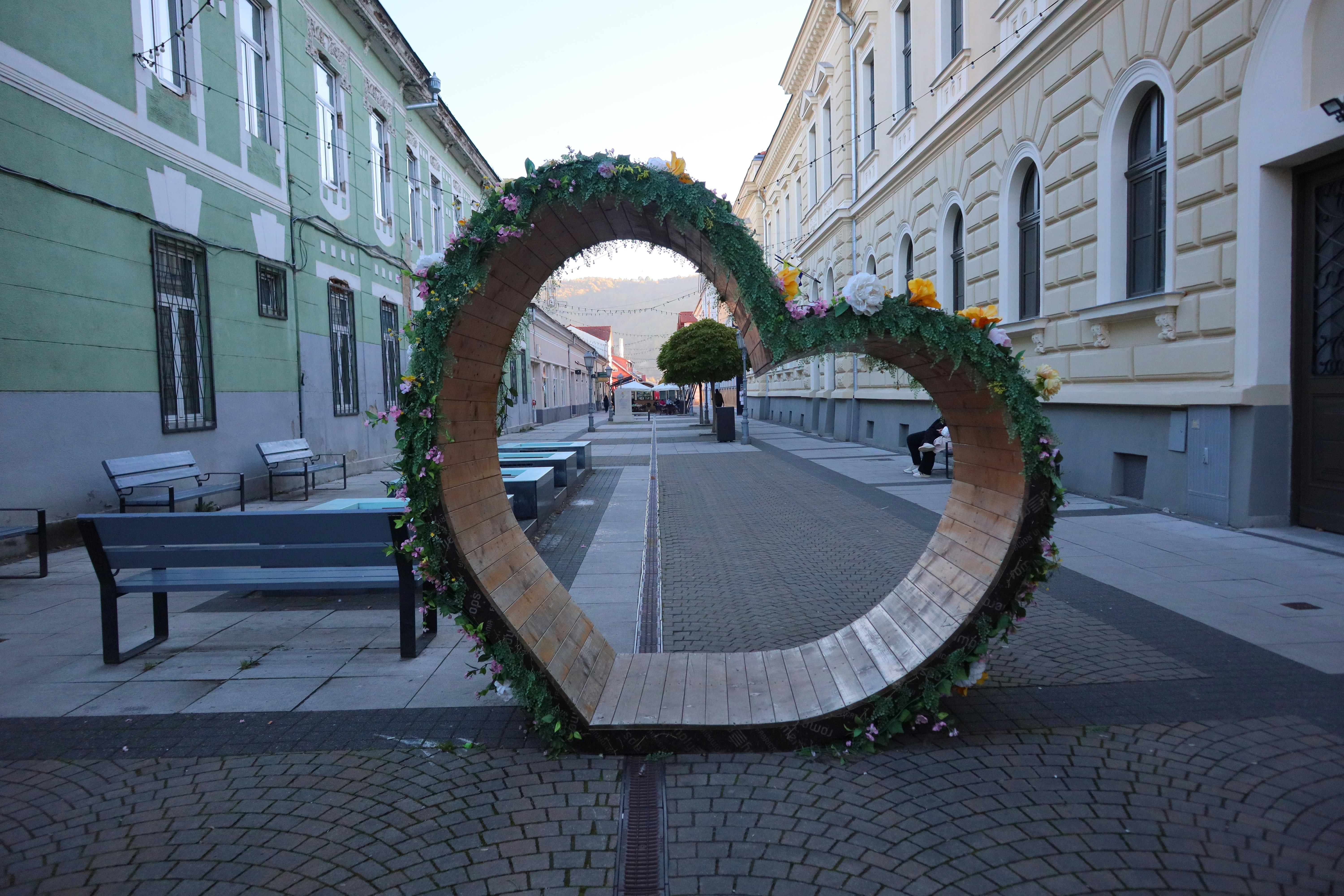Circular Frame on a Quiet Street: A Ring of Flowers and Perspective