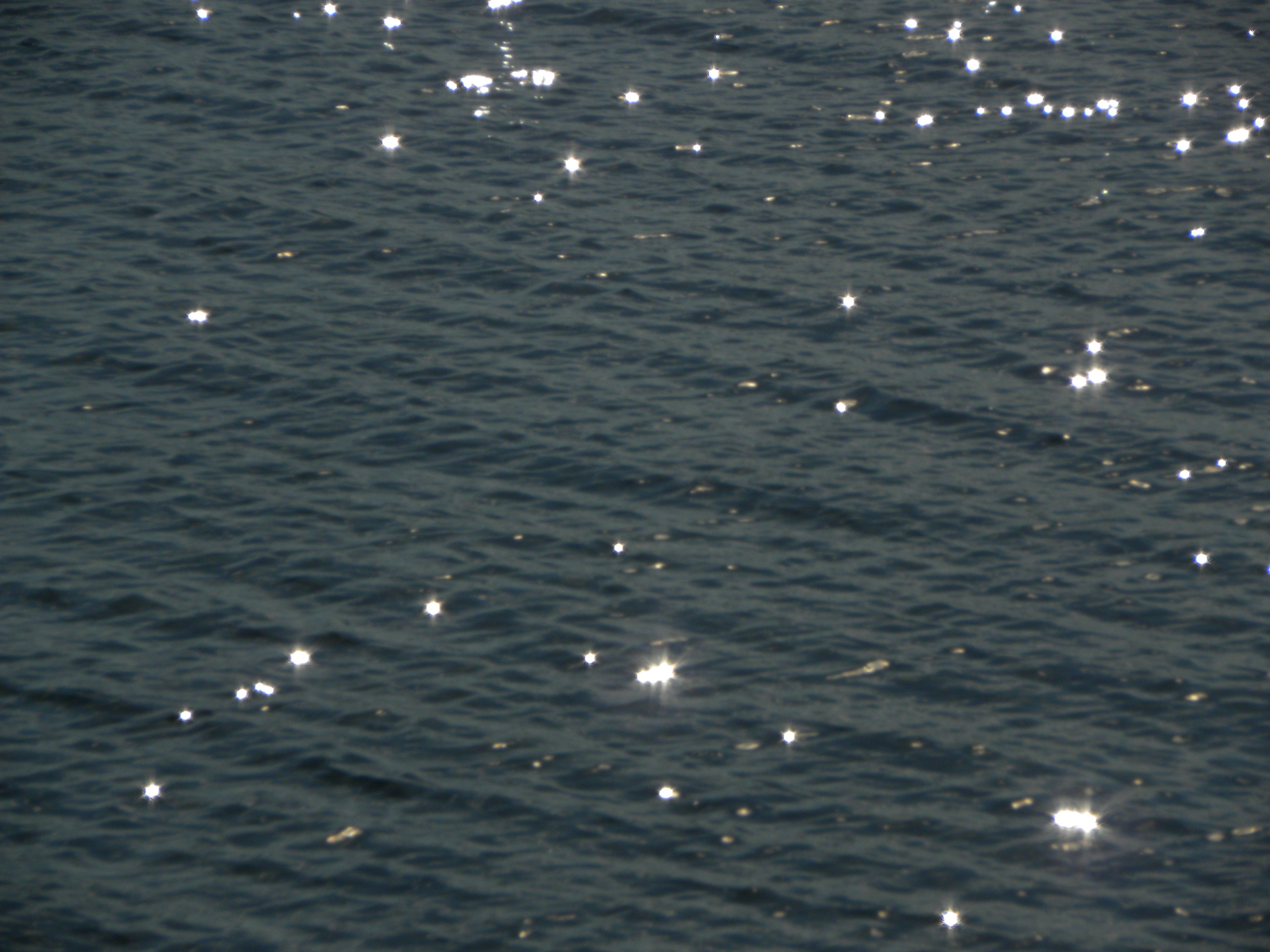 Photograph capturing sun glints scattered across a dark blue sea surface. The scene emphasizes light playing on water.