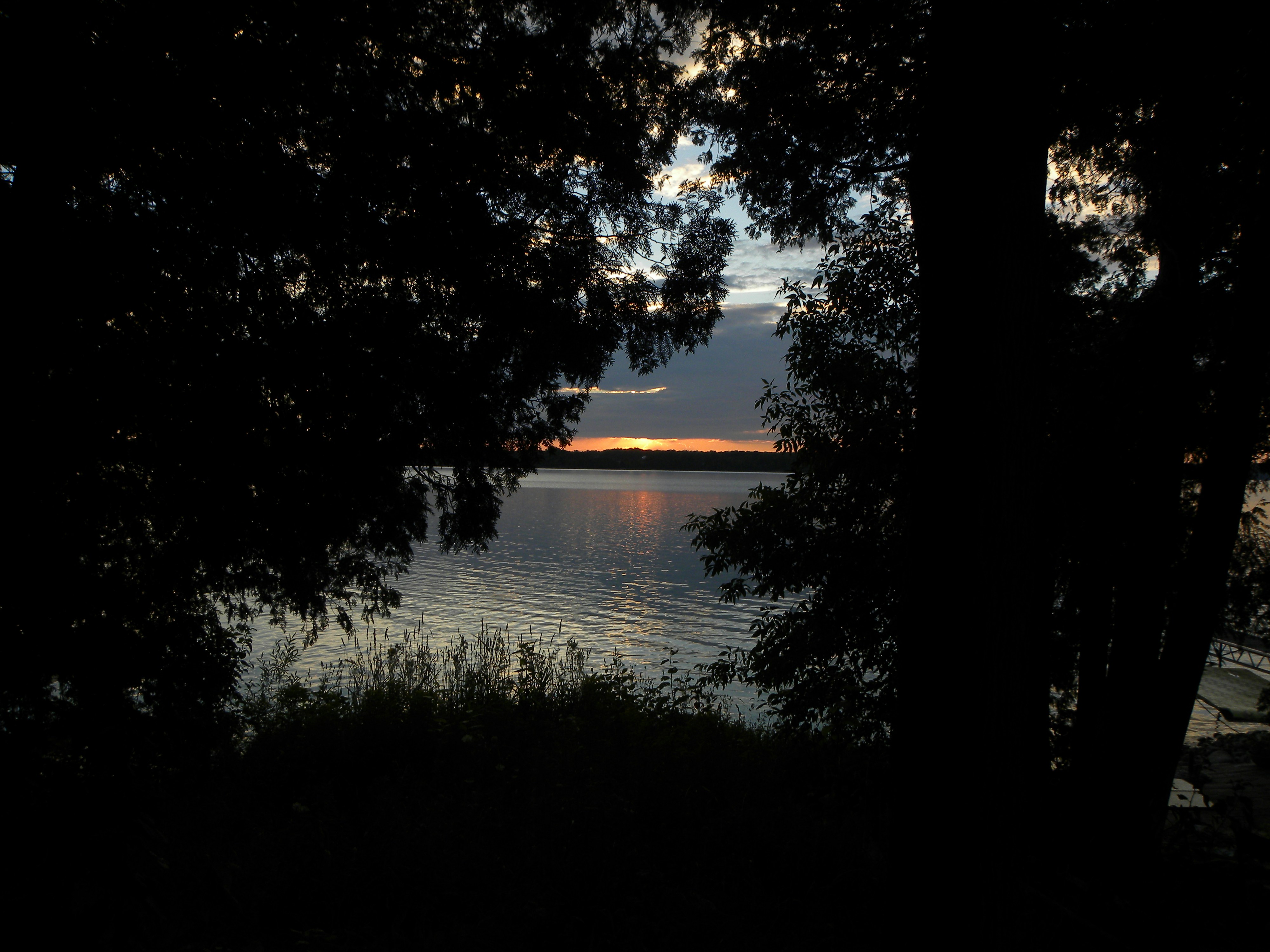 Sunset over a lake framed by silhouetted trees, with orange and pink hues reflecting on the water.