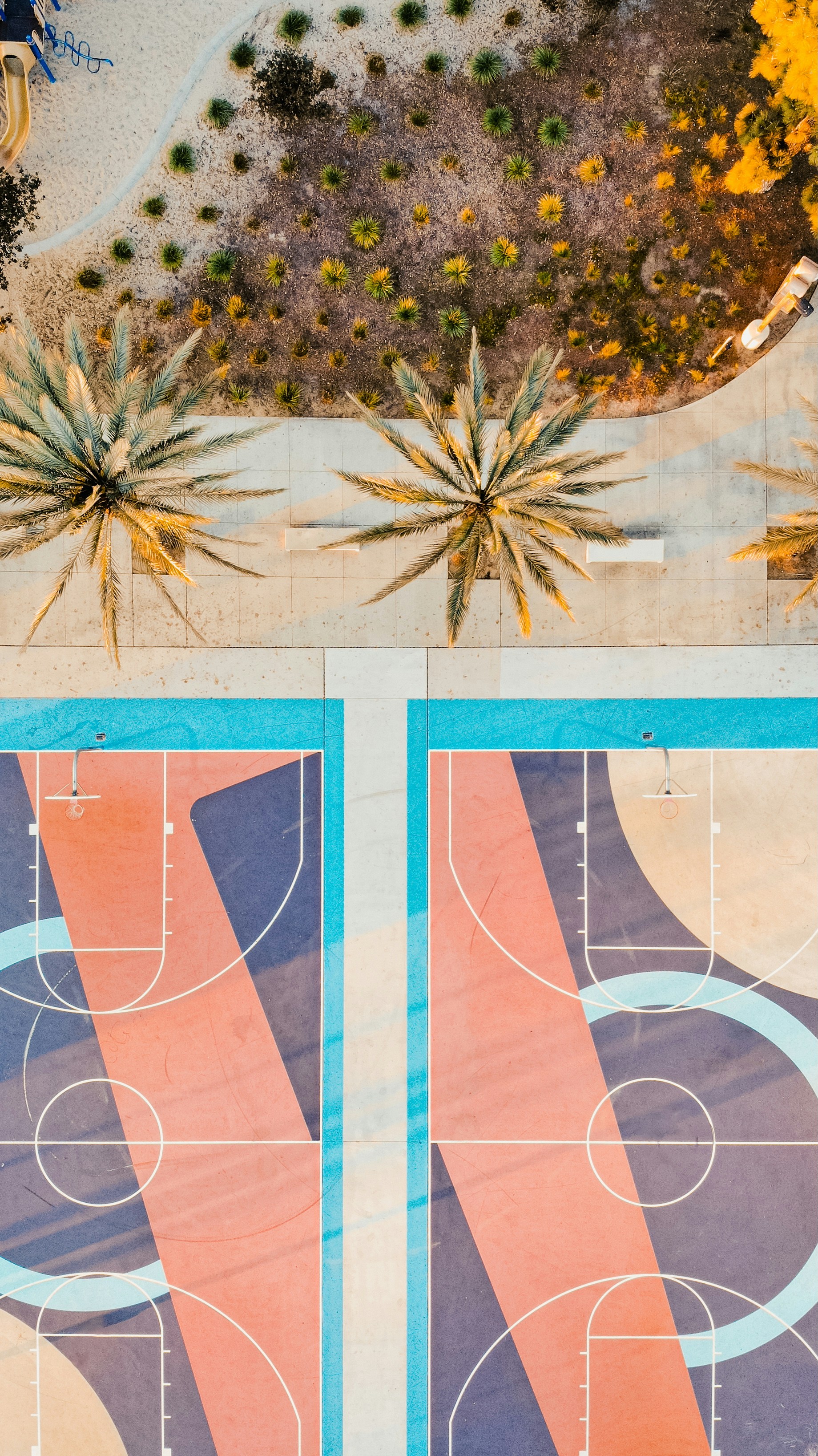 Neon Courts Split by Palm Shadows: An Aerial Study in Color-Blocked Geometry