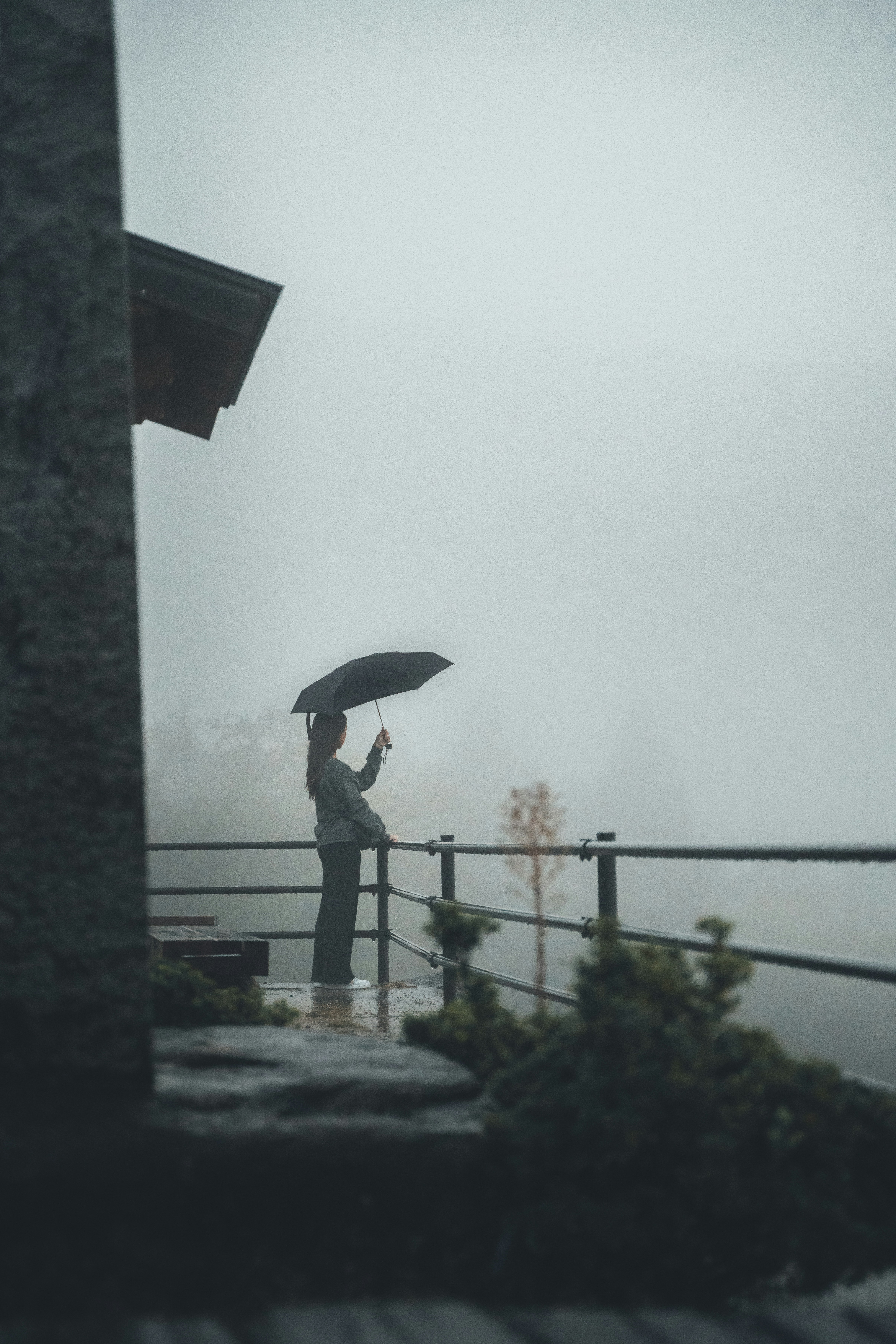 Umbrella in the Mist: A Solitary Balcony Moment