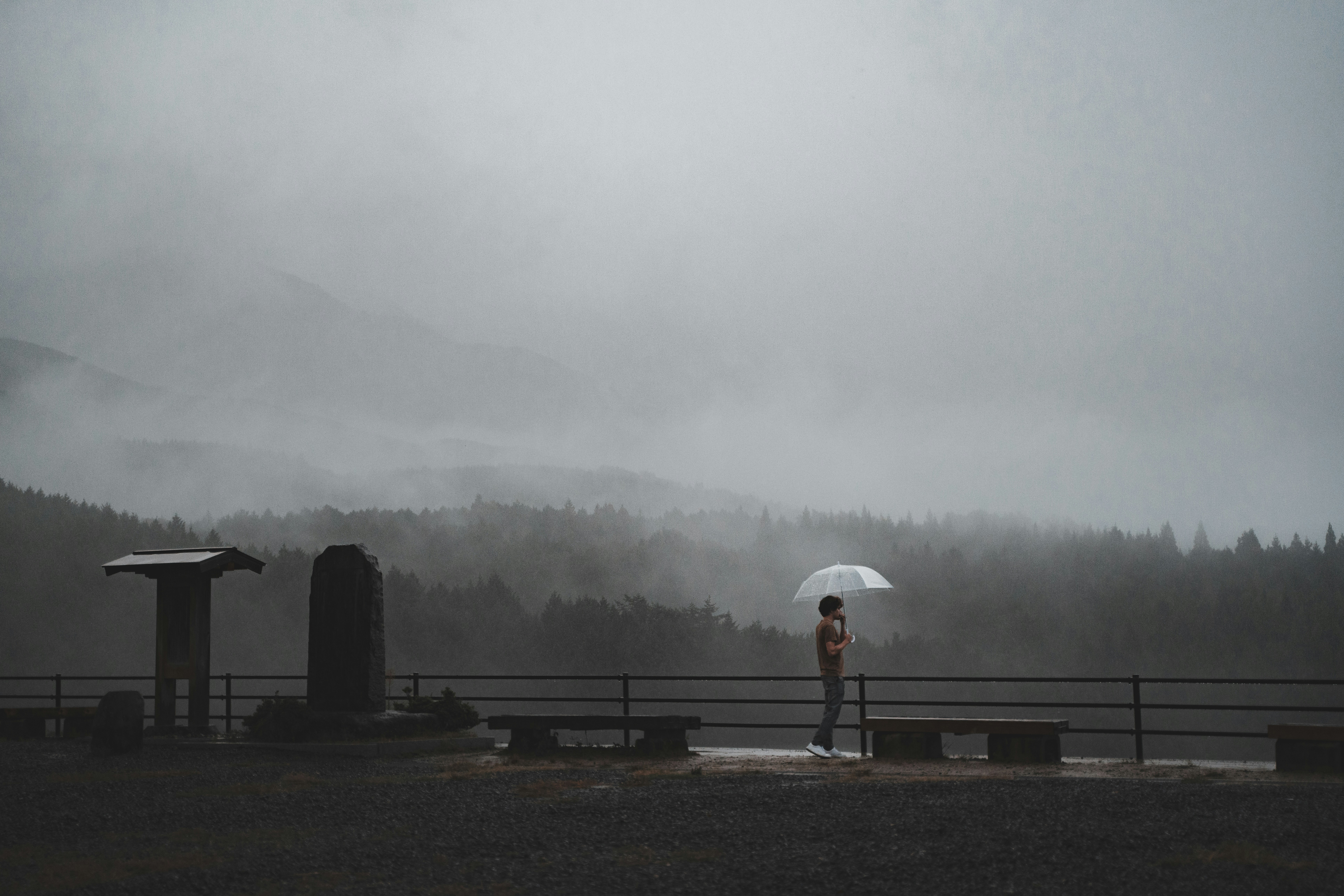 Solitary Umbrella in Mist: A Quiet Pier on a Fading Horizon