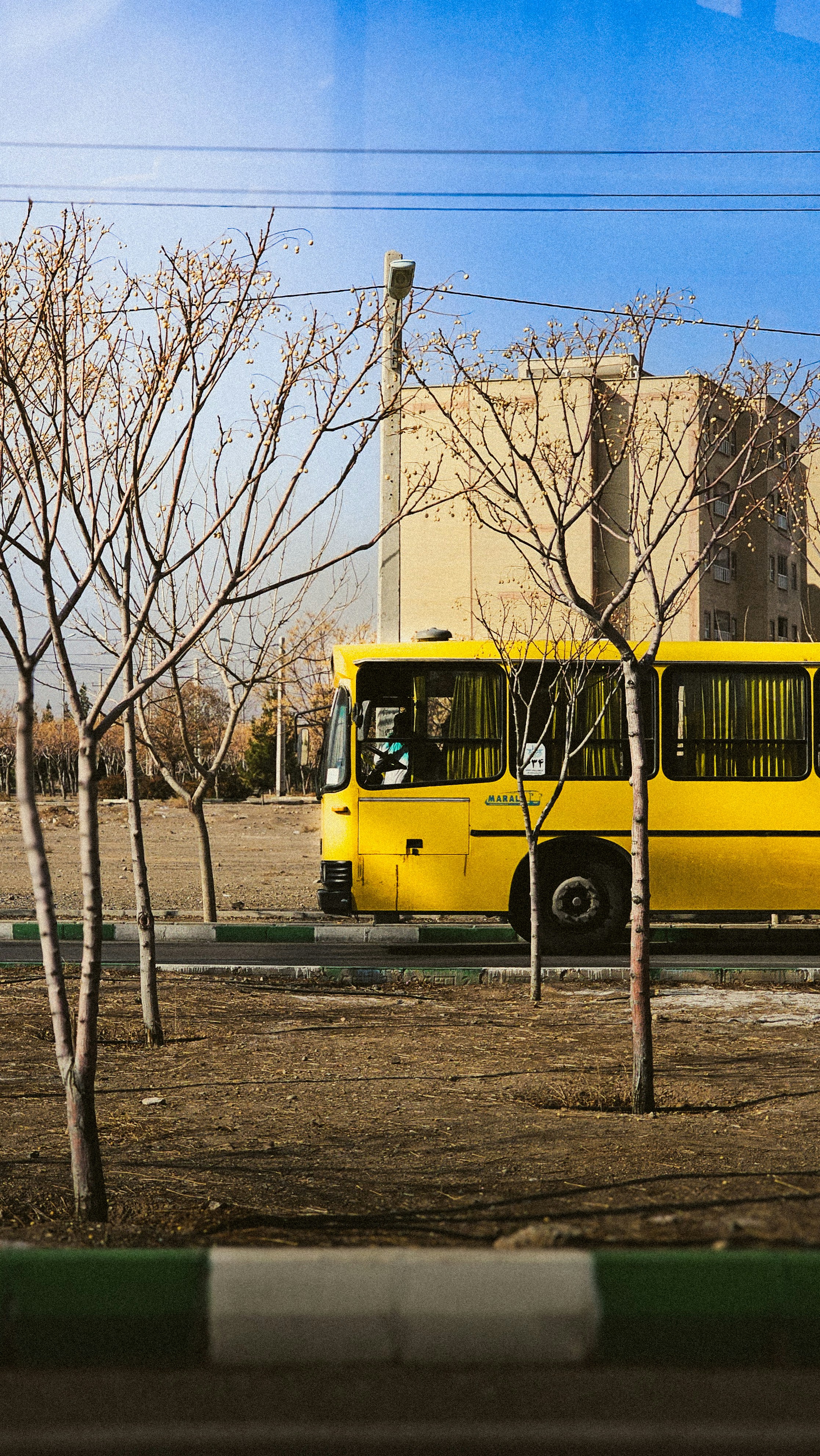 Yellow Bus Traversing a Winter-Worn Avenue
