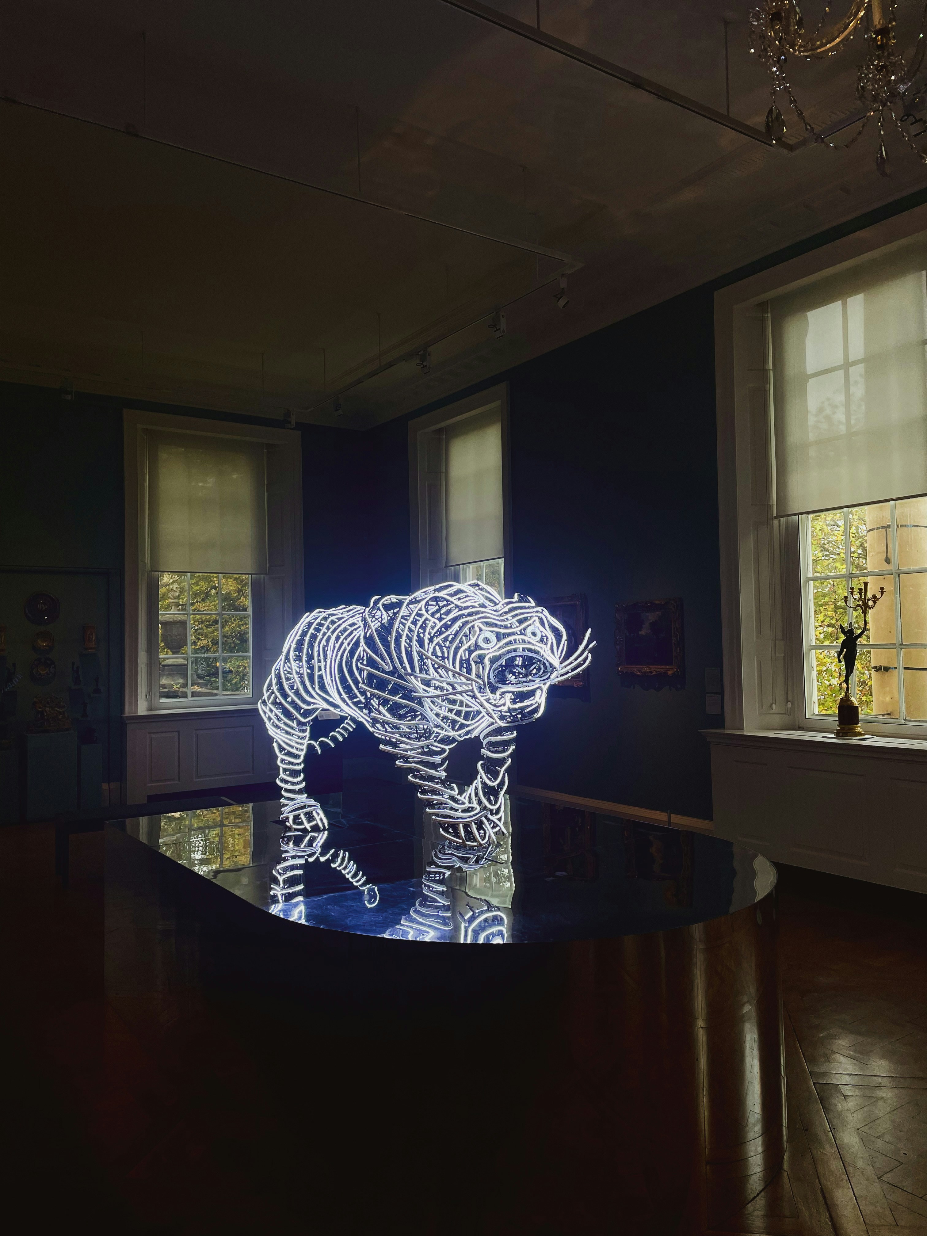 Glowing Skeleton Tiger Illuminates a Quiet Gallery