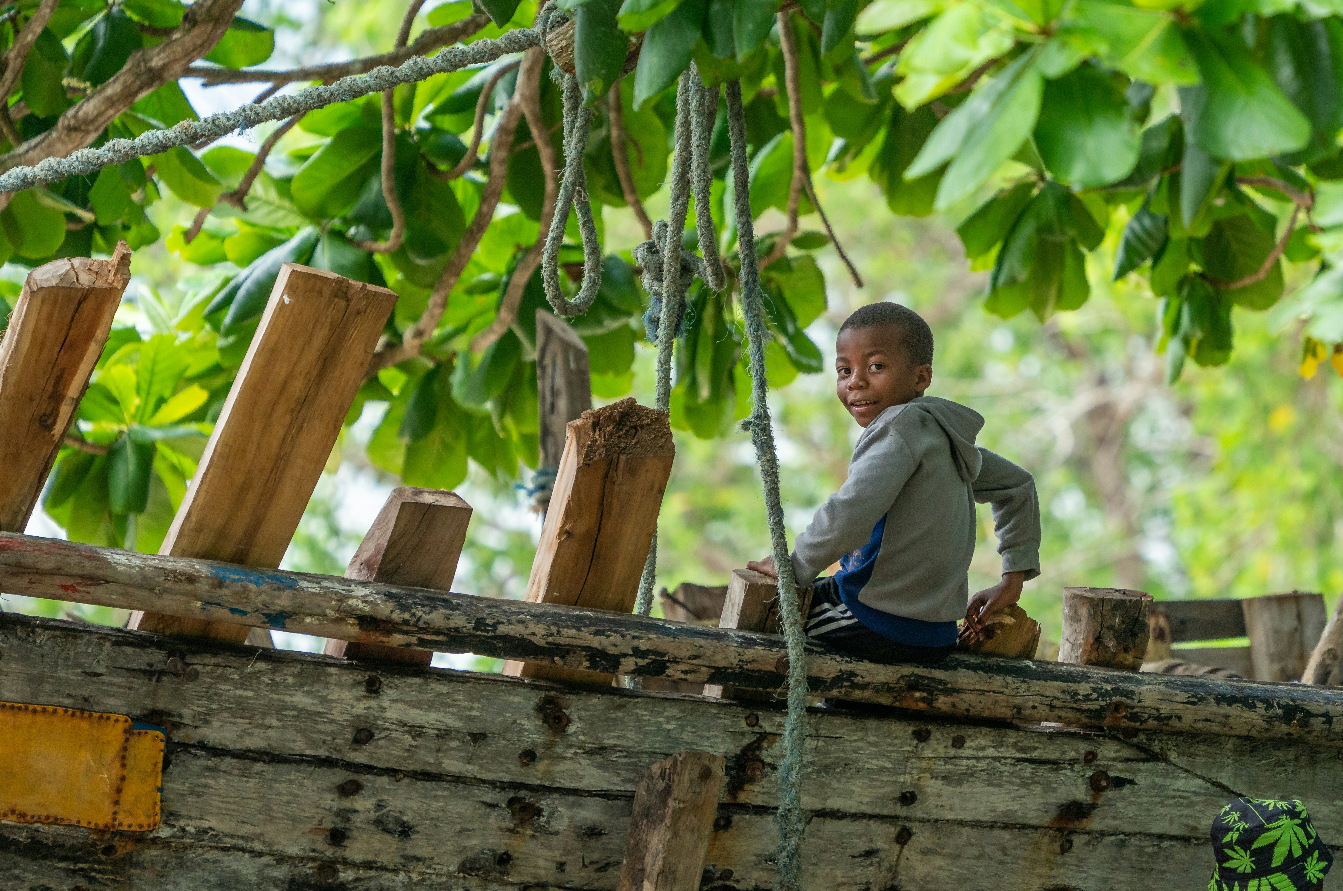 Child in a gray hoodie standing on a rustic wooden structure surrounded by lush green foliage.