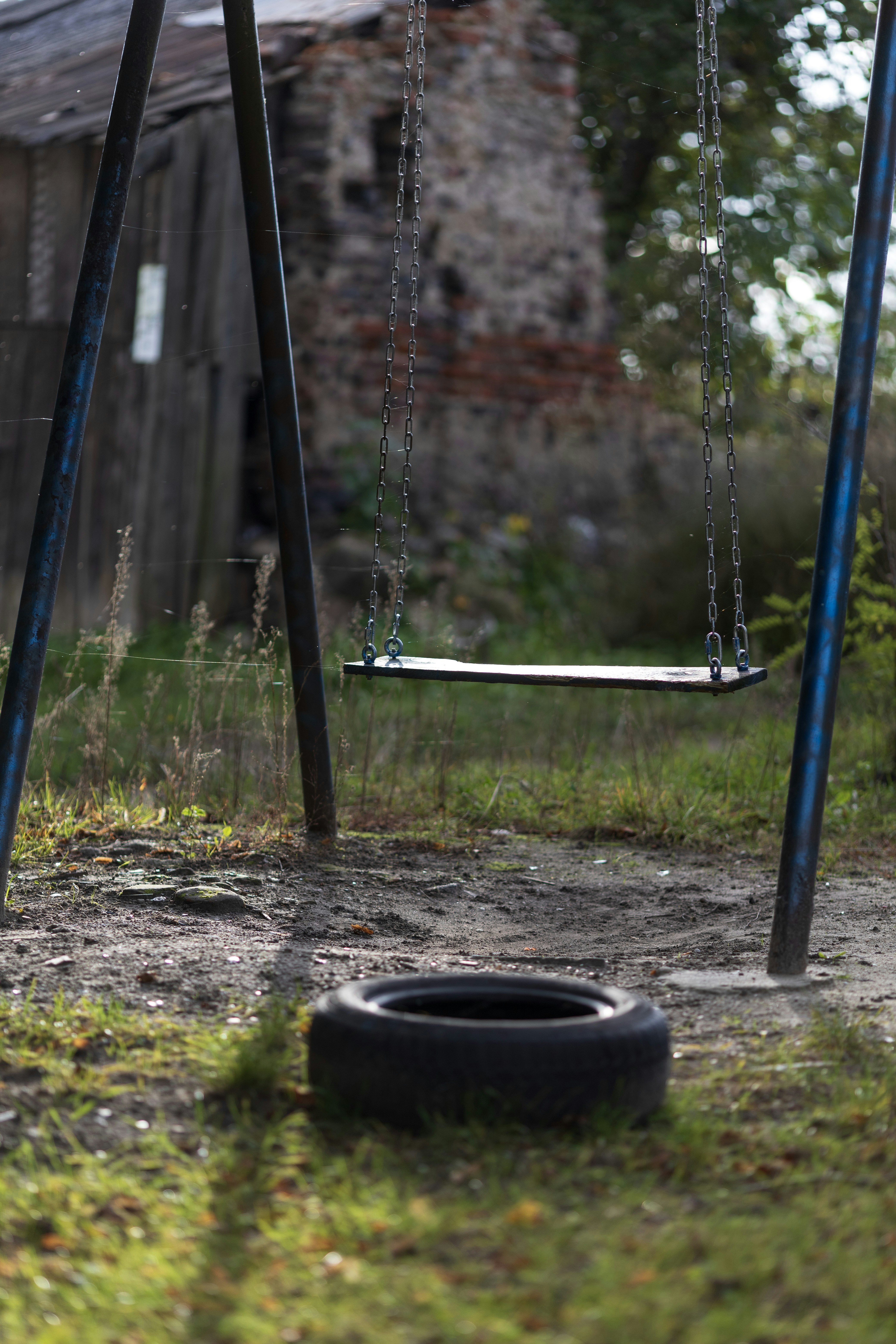 Rust and Chains: A Lonely Swing in an Overgrown Yard