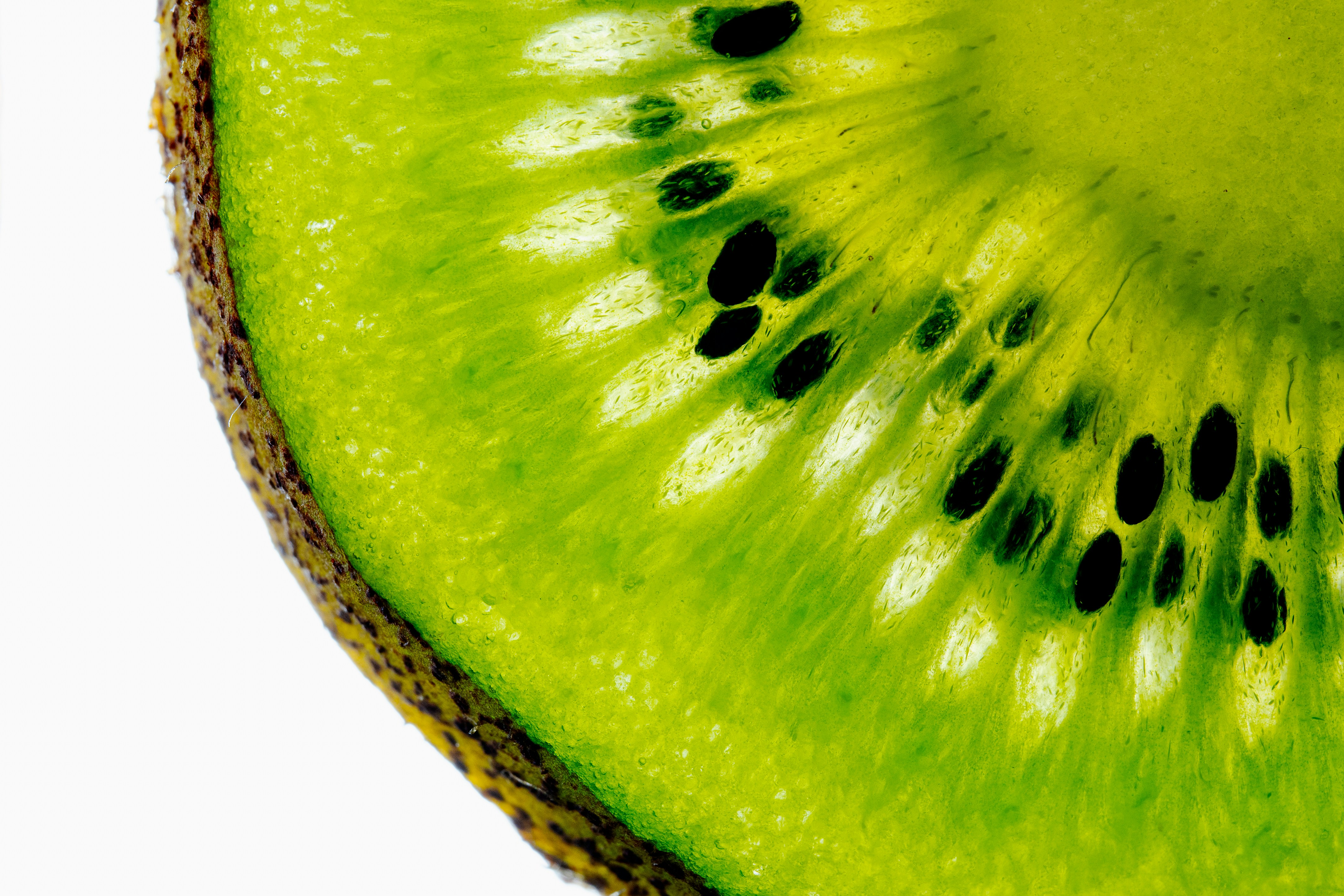 Kiwi slice reveals vibrant green flesh with intricate black seeds in a radial pattern.