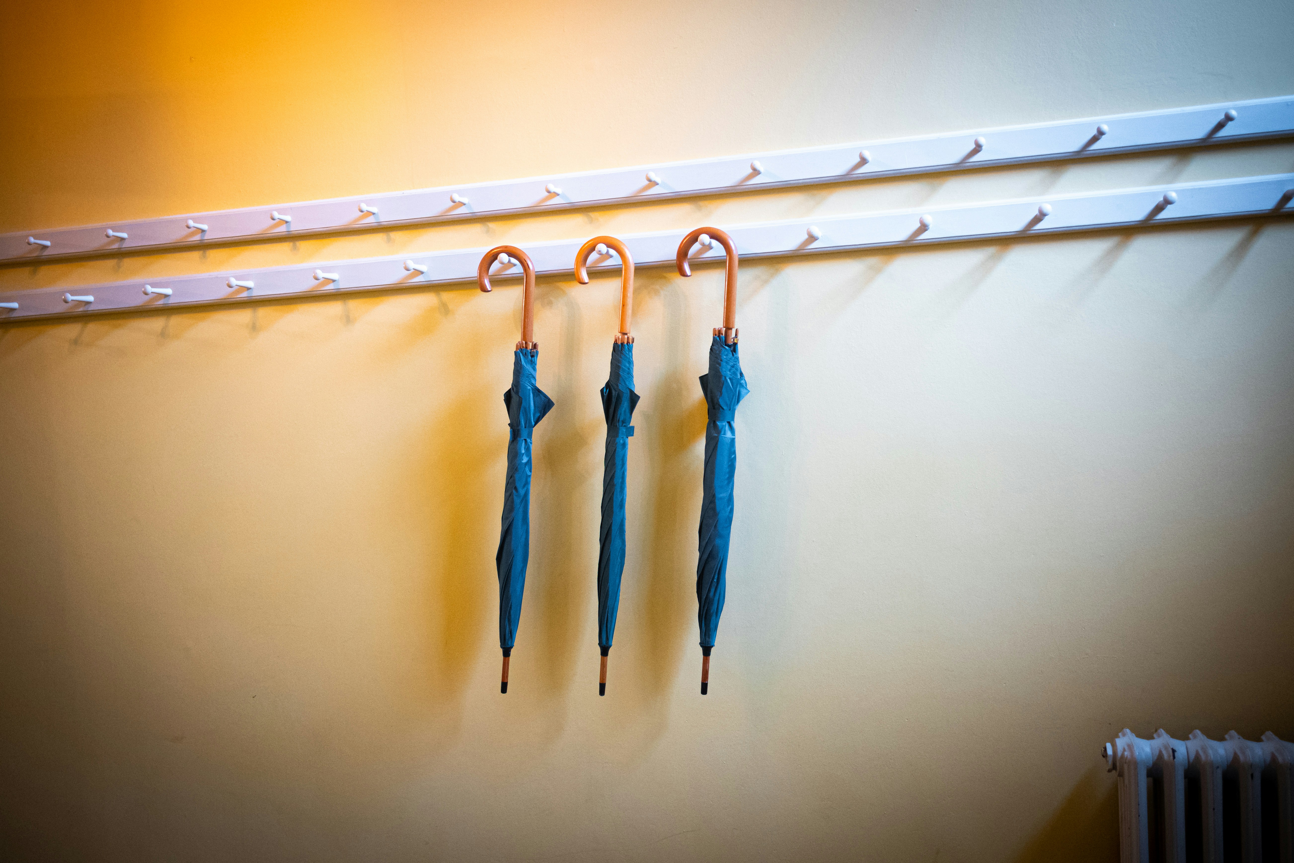 Three blue umbrellas are hanging on a wall photo – Free Electronics ...