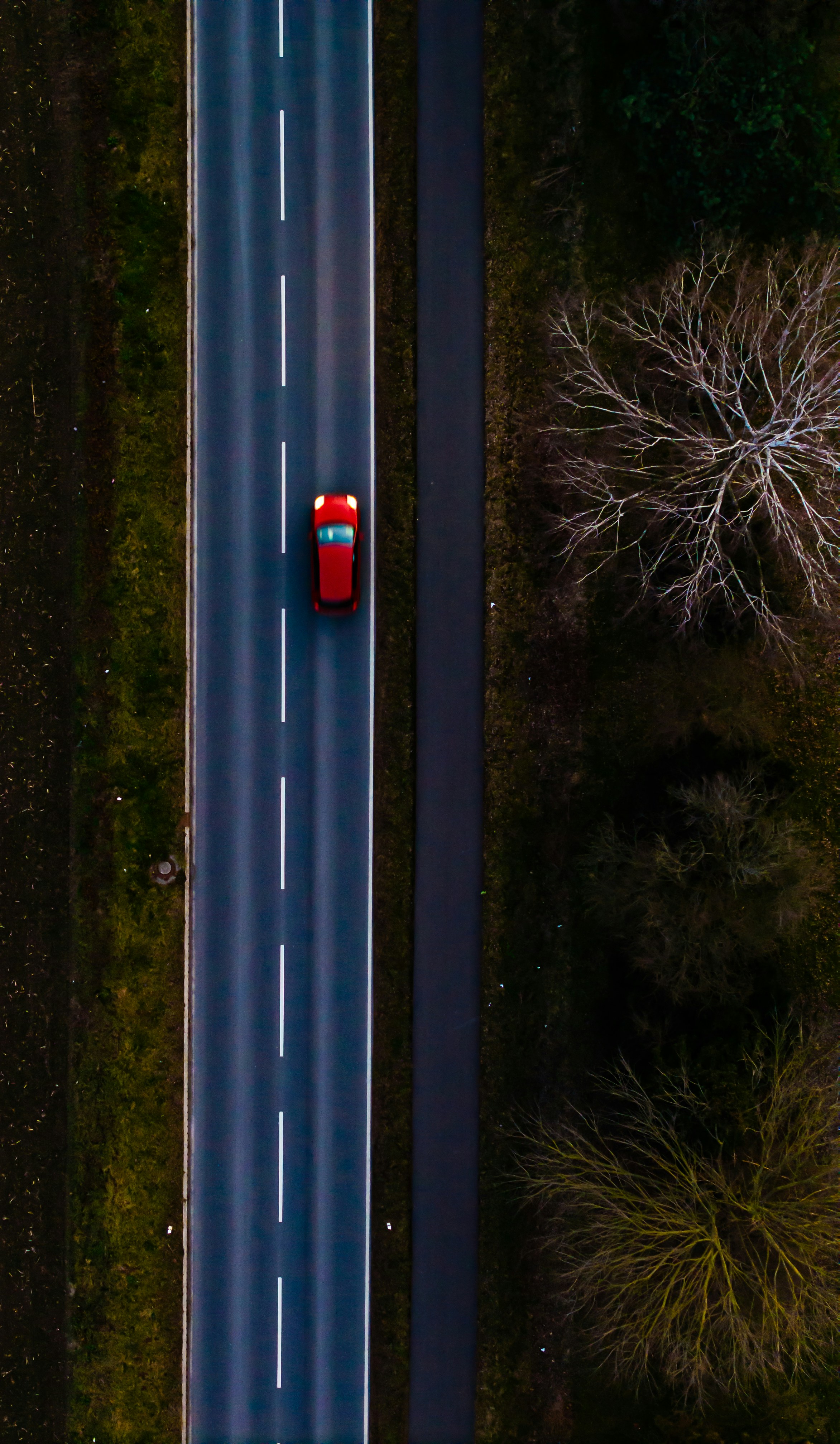 Aerial view of a road with a single car in motion. The road is lined with trees and a pedestrian pathway running parallel to it. The image captures a sense of movement with a vehicle traveling along the asphalt. The surrounding environment includes both bare and green trees, indicating a seasonal transition.Bernd 📷 Dittrich