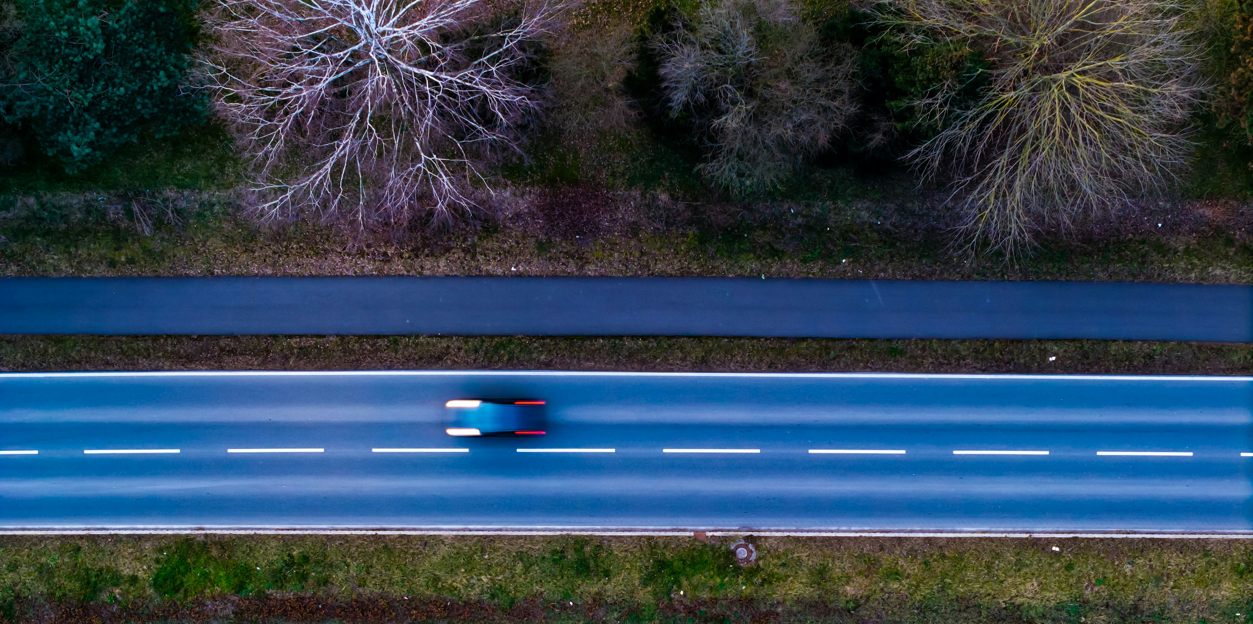 A car speeds along a solitary road through a dense forest, creating a motion blur against the static surroundings.