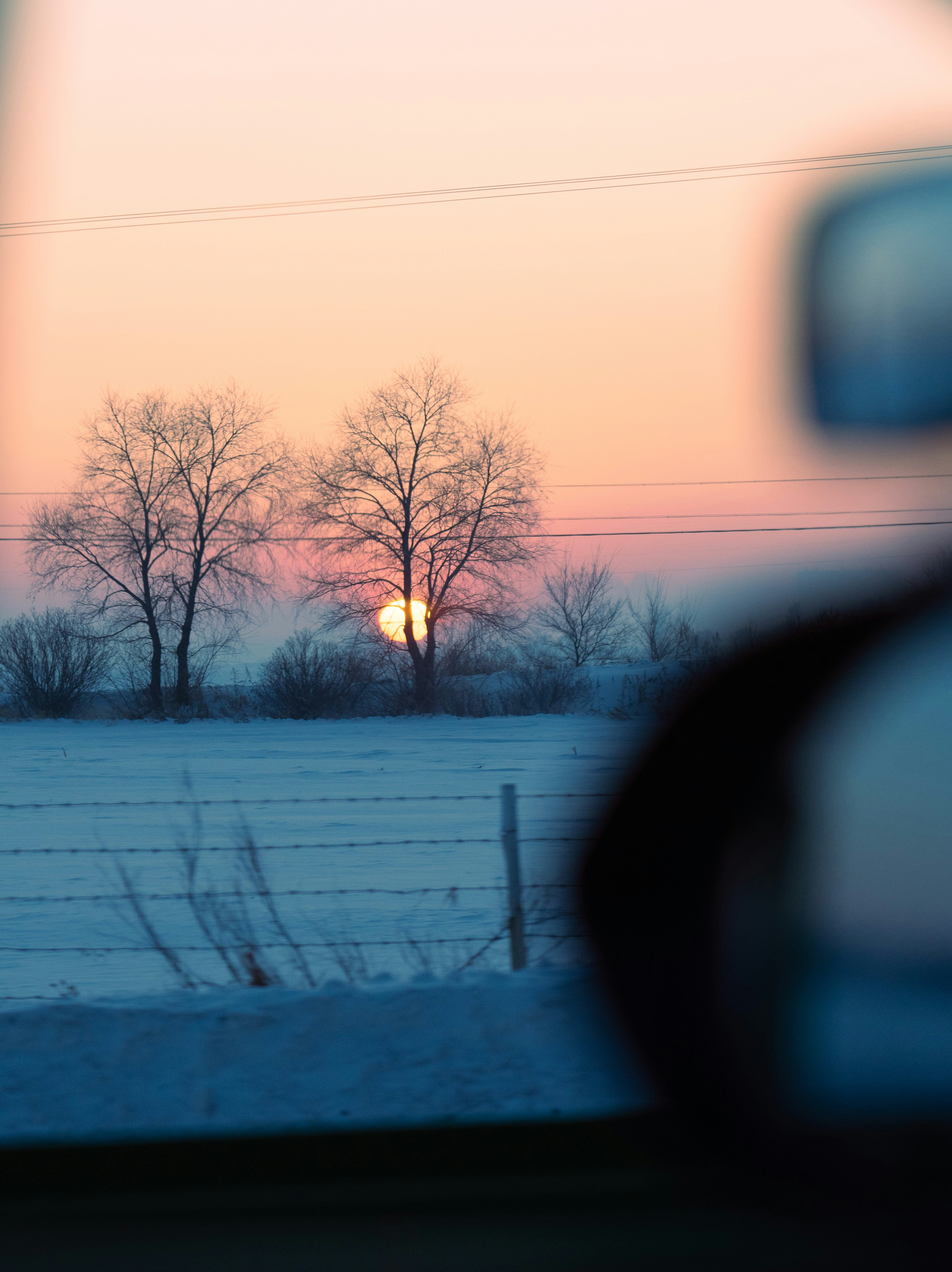 Crimson Dusk Through Winter Trees: Horizon Framed by a Blurred Car Window