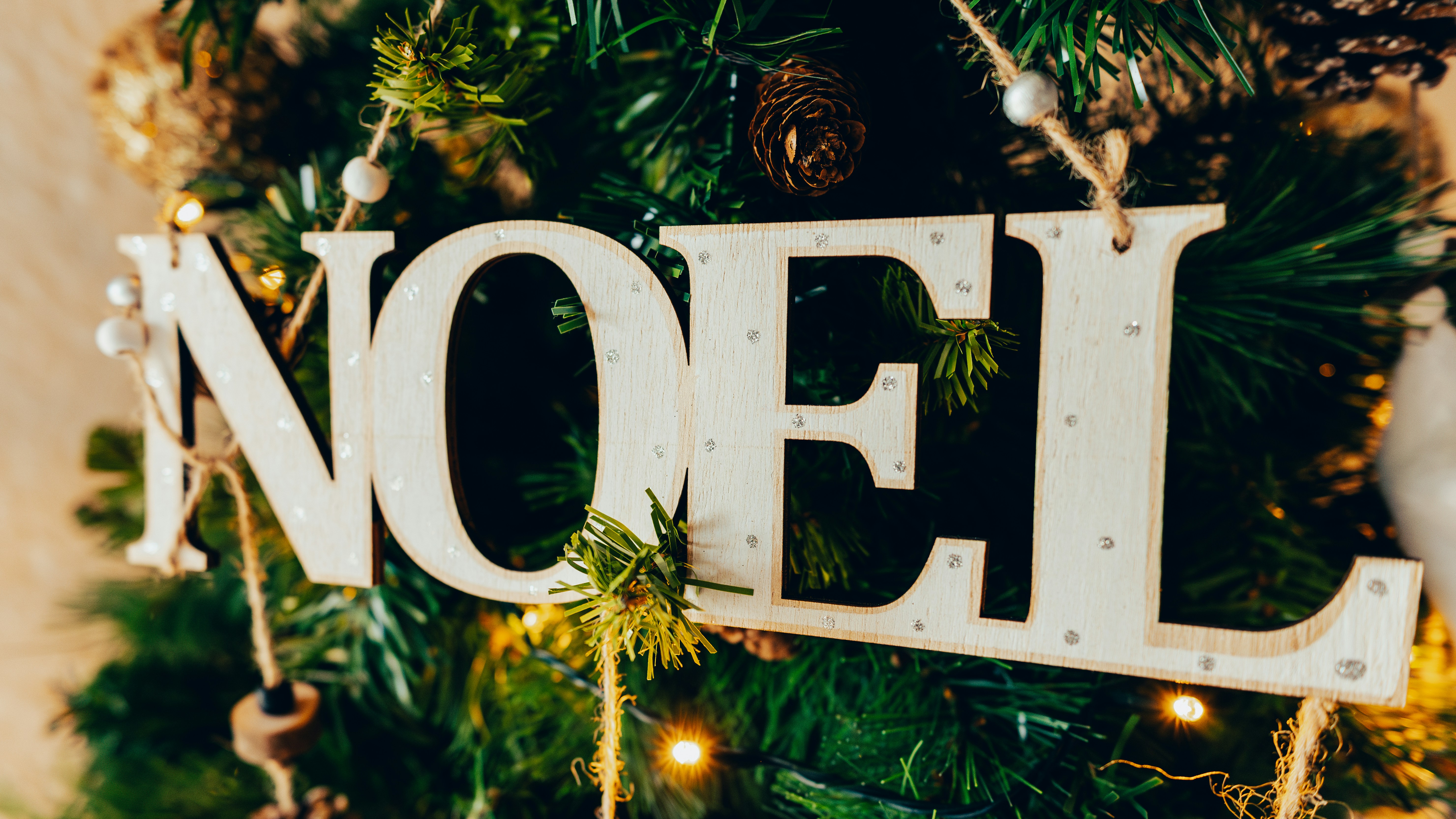 A wooden noel sign hanging from a christmas tree photo – Free Christmas ...