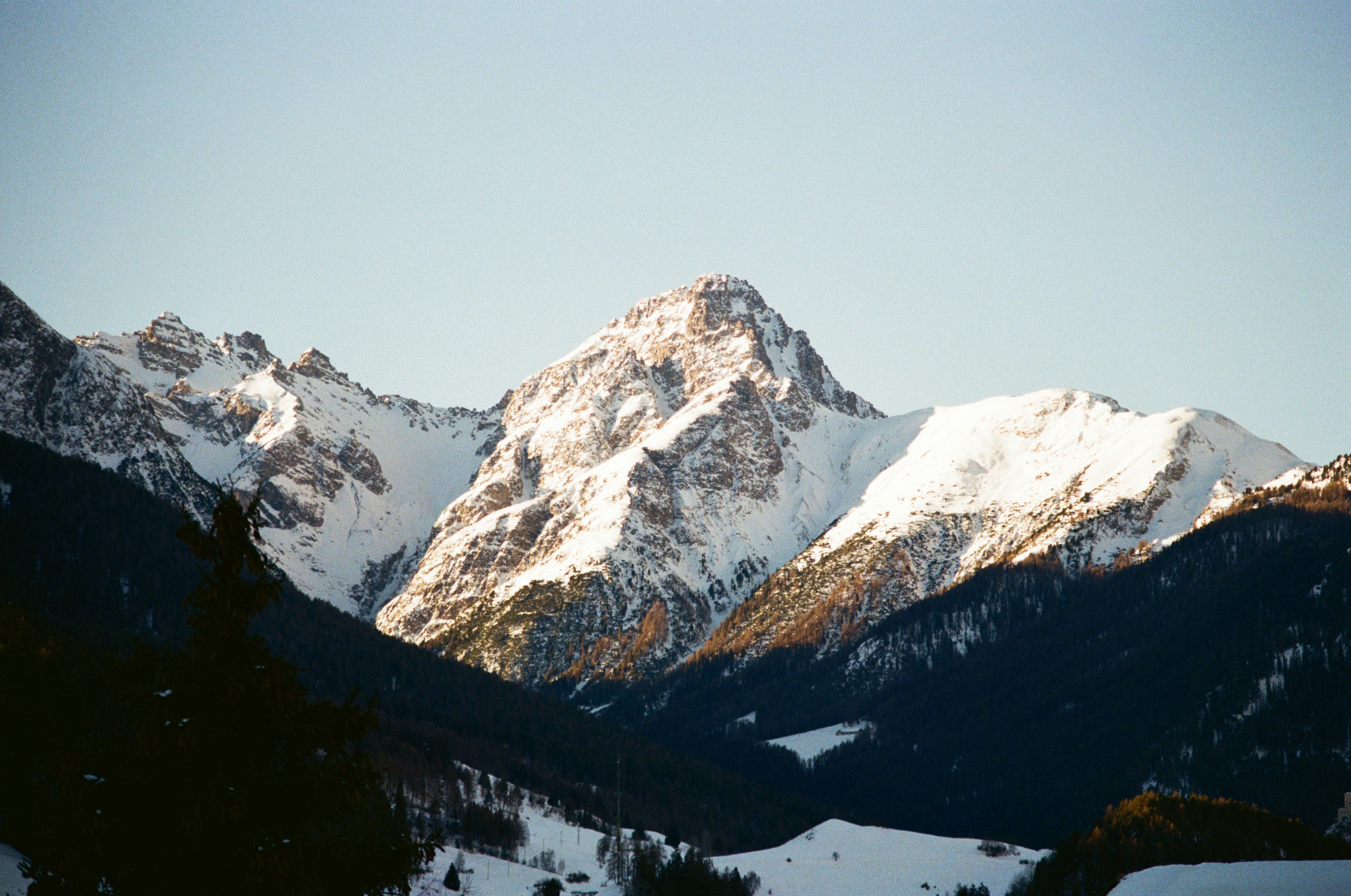 A snow covered mountain range with trees in the foreground photo – Free ...