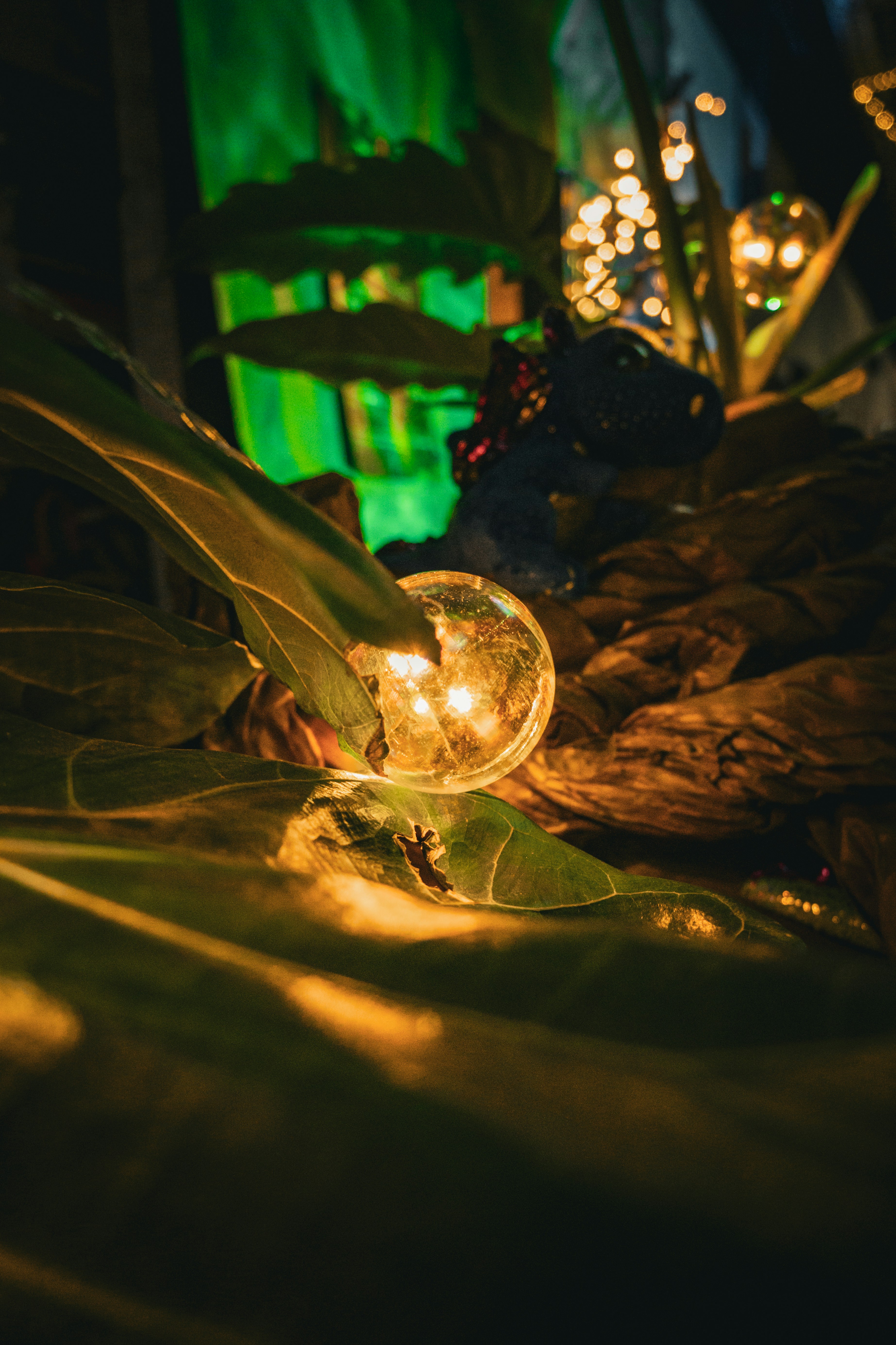 A light bulb sitting on top of a green leaf