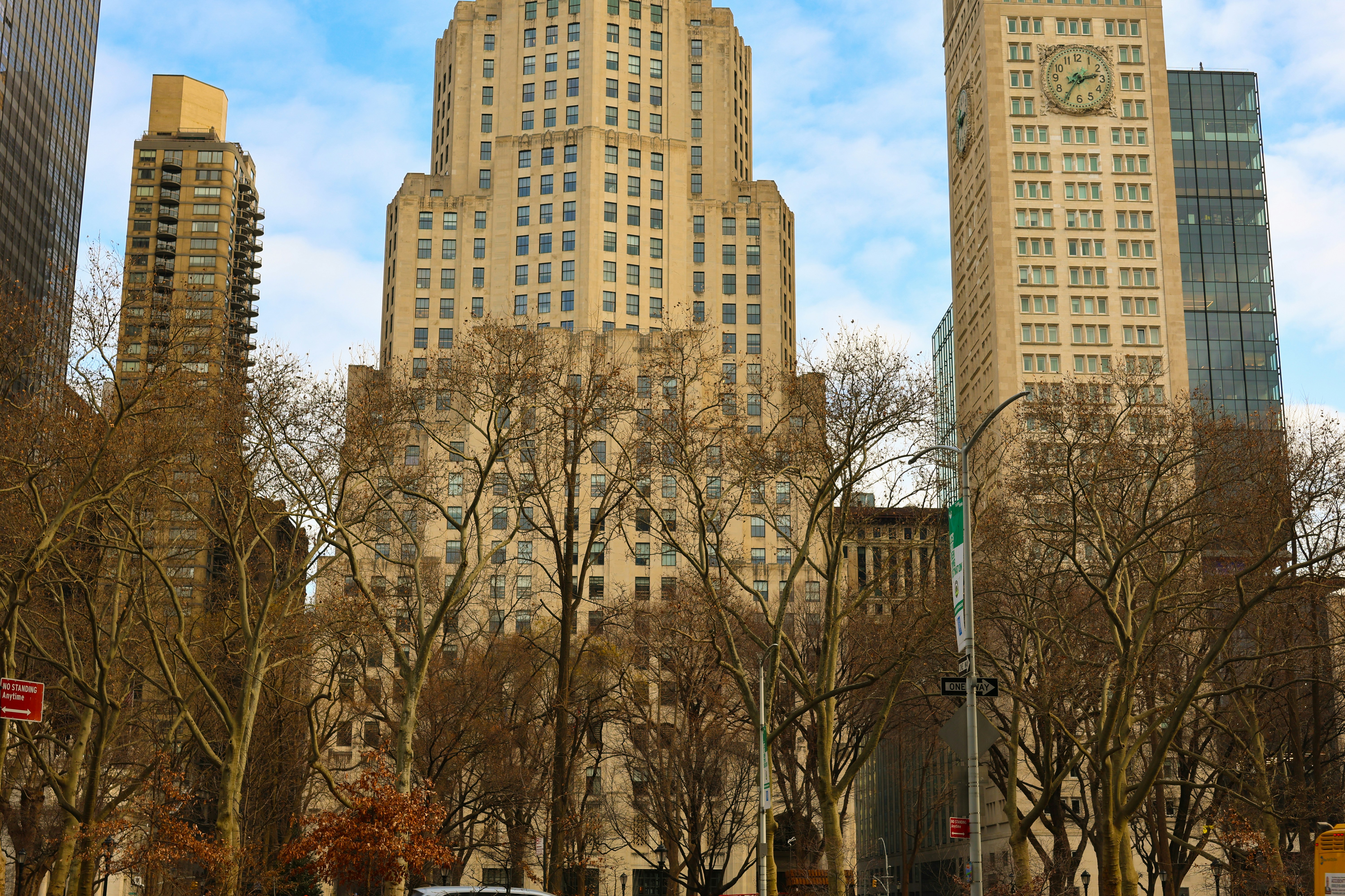 Skyscrapers rise behind leafless trees, with warm beige tones contrasting the blue sky.