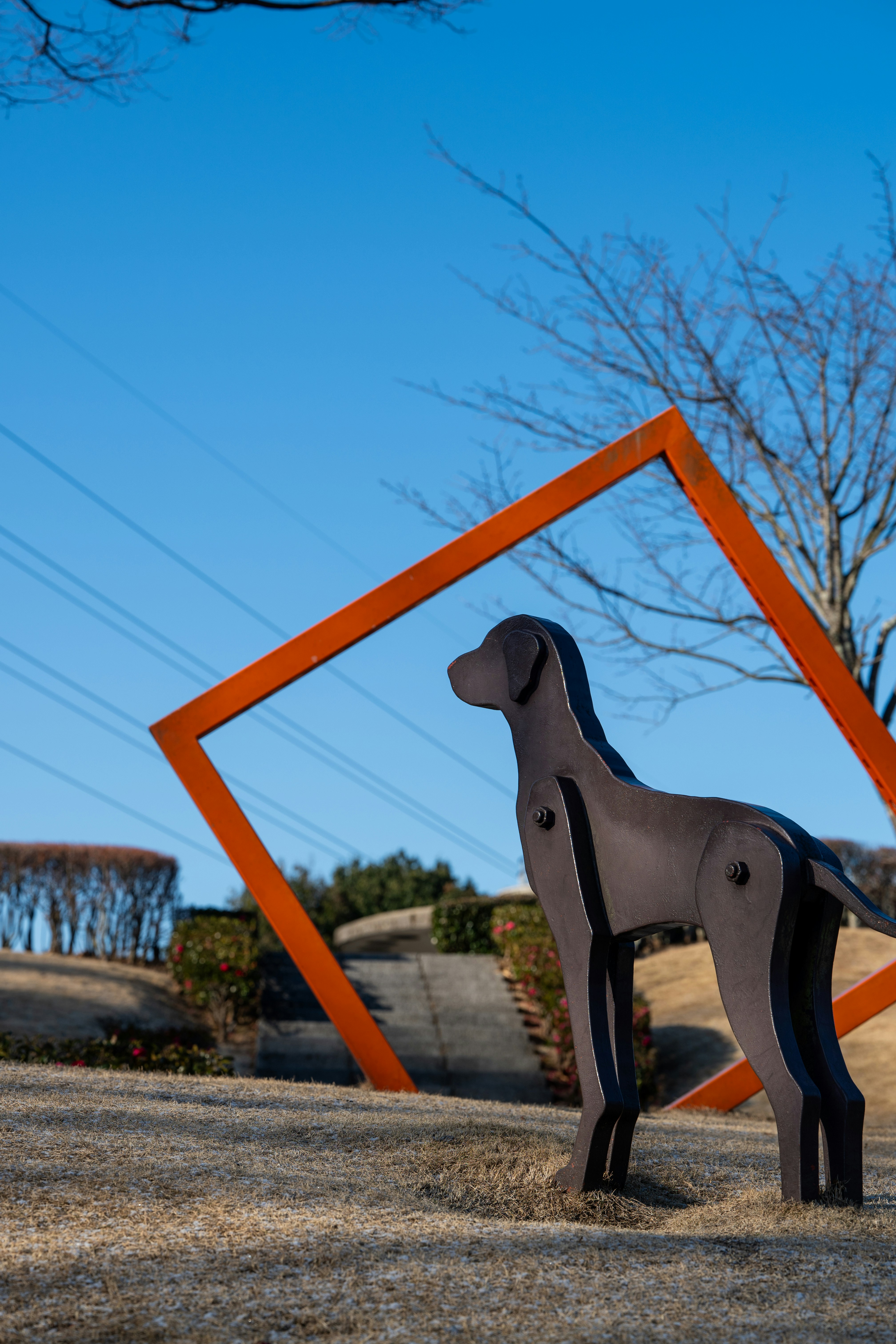 Iron Dog in an Orange Frame: Geometry Framed Against a Clear Blue Sky