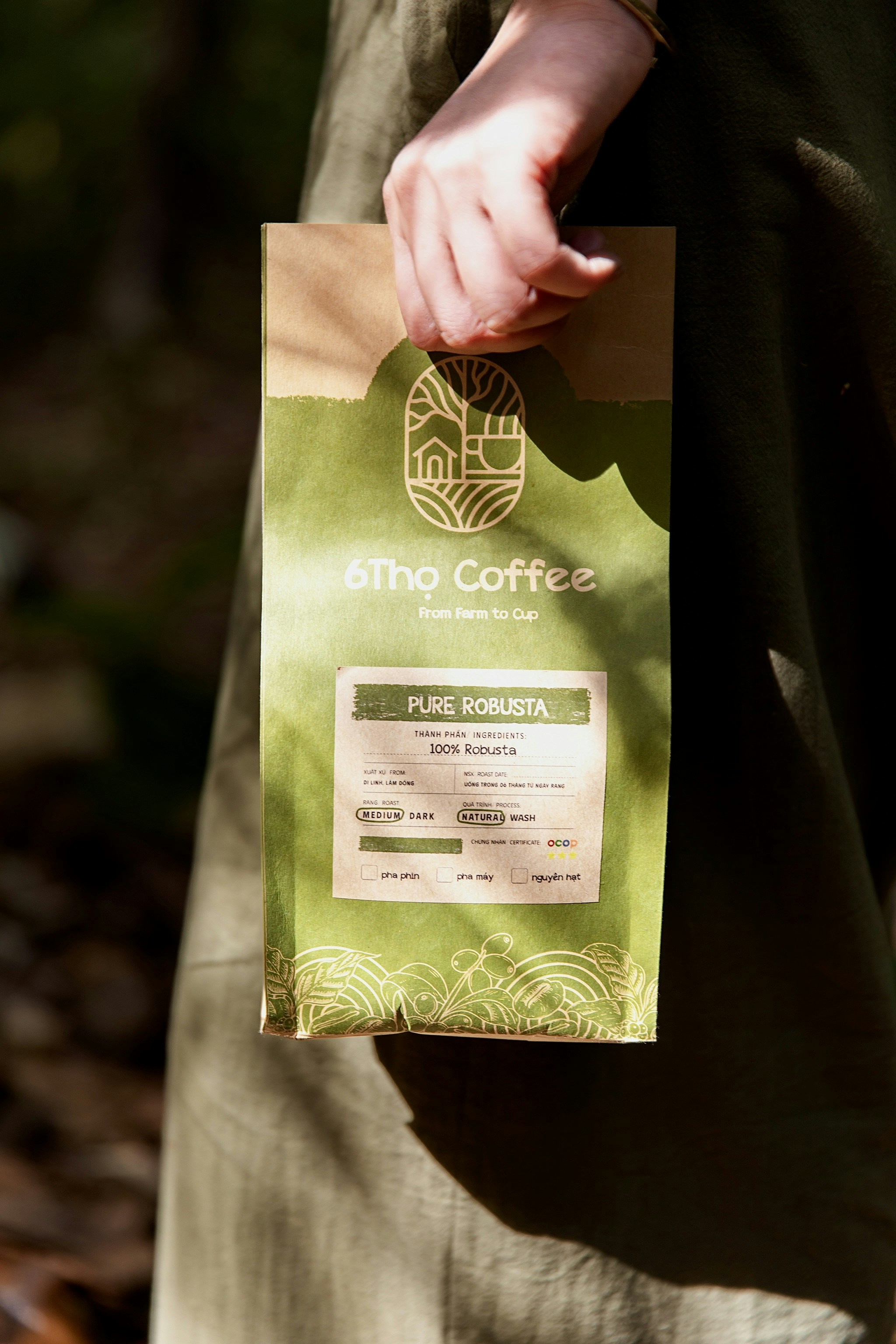 Sunlit Grip on Pure Robusta: A Hand-Held Coffee Bag Portrait
