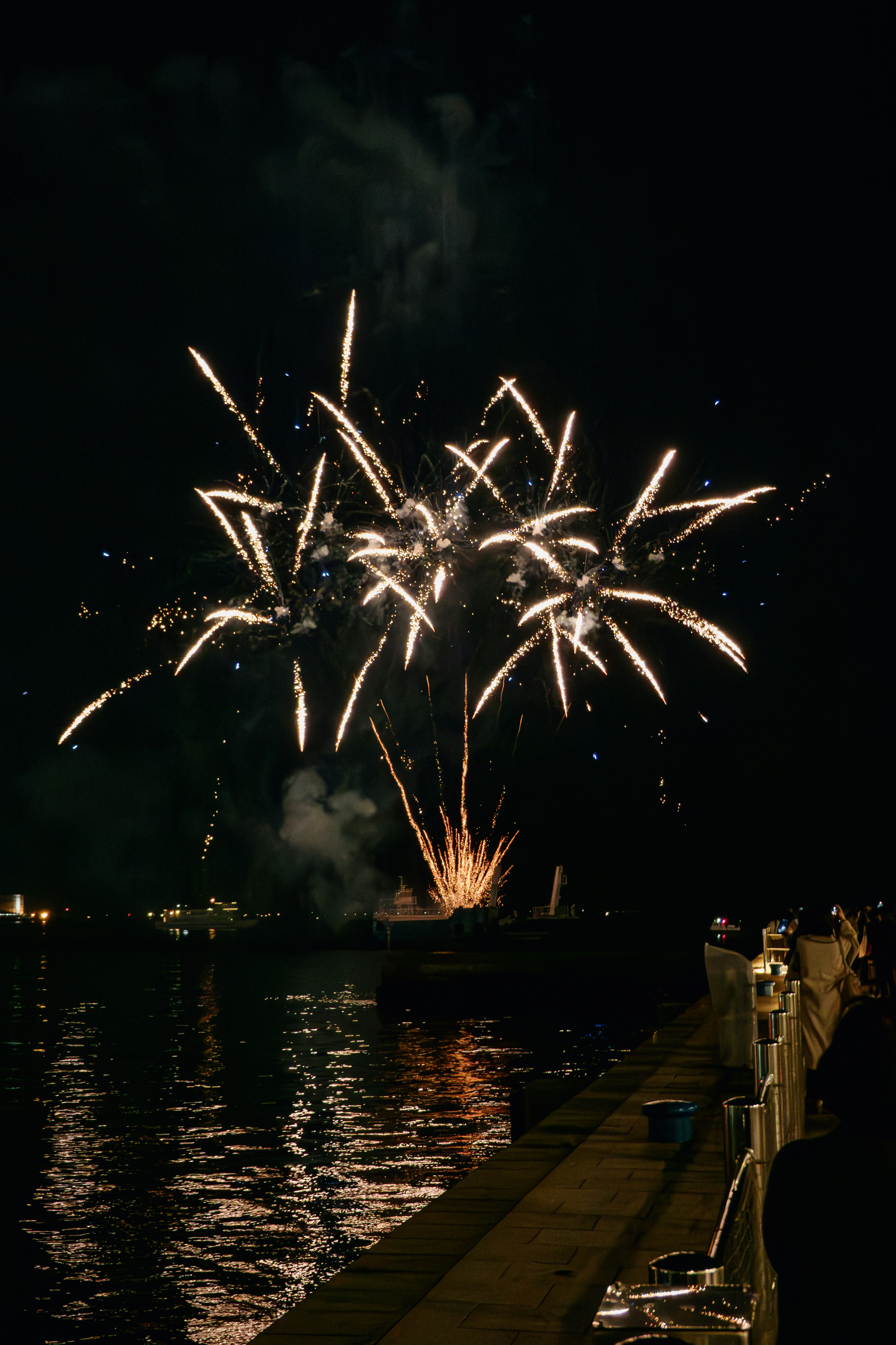 Neon Fireworks Bloom Over the Night Harbor
