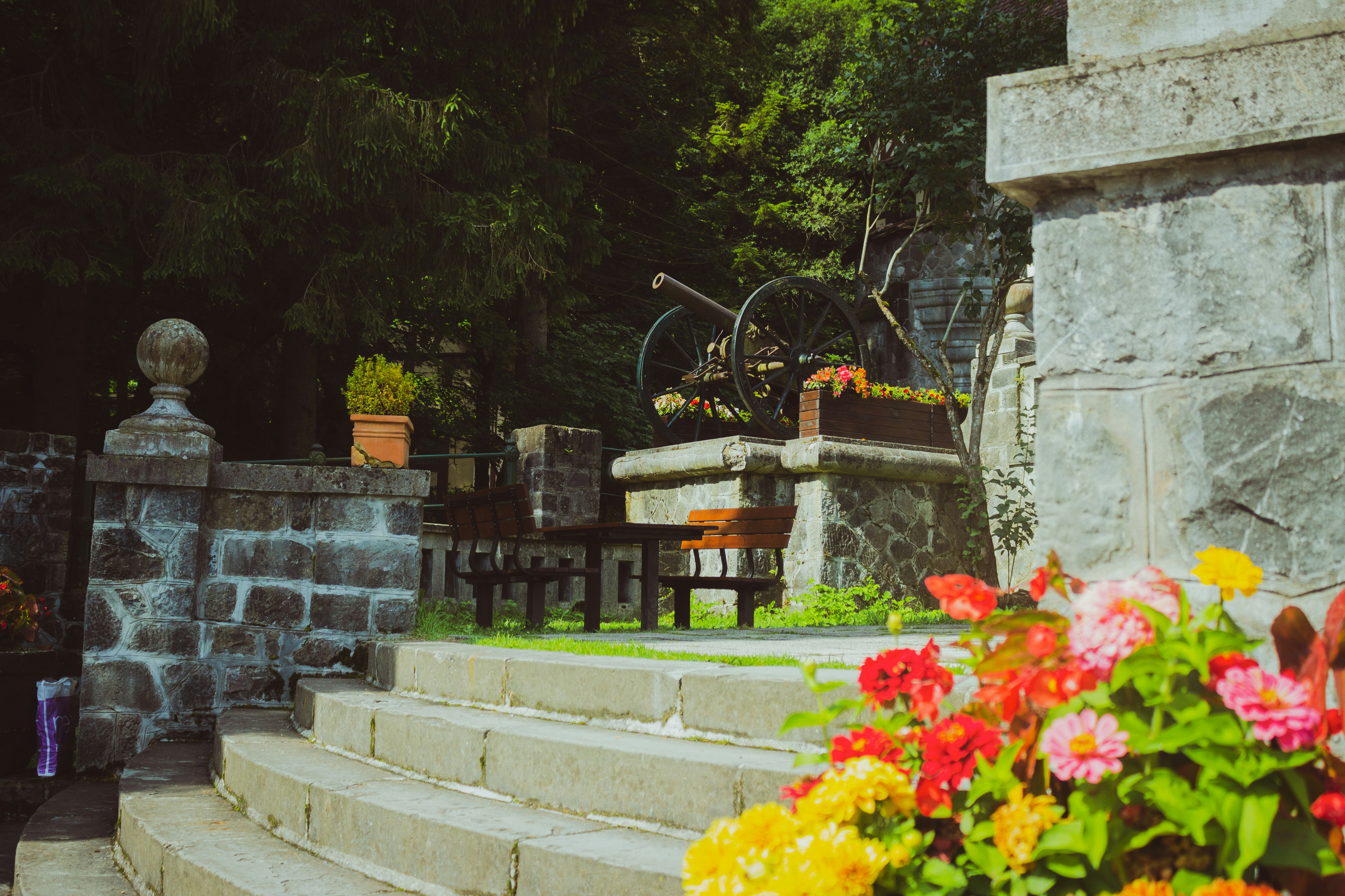 Antique cannon resting amid vibrant flowers and stone architecture under soft daylight.